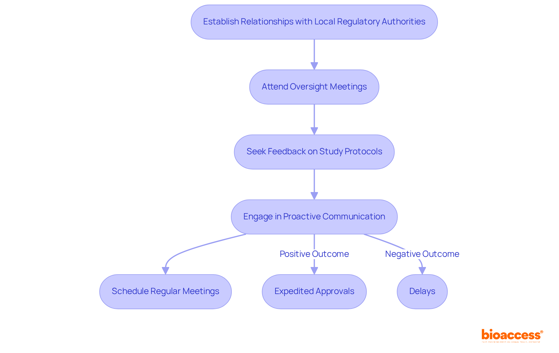 This flowchart shows the steps to successfully engage with local regulatory bodies. Follow the arrows to see how each action leads to either expedited approvals or potential delays. The green steps indicate positive actions that can speed up the process, while the red step highlights the risks of not engaging effectively. This flowchart shows the steps to successfully engage with local regulatory bodies. Follow the arrows to see how each action leads to either expedited approvals or potential delays. The green steps indicate positive actions that can speed up the process, while the red step highlights the risks of not engaging effectively.