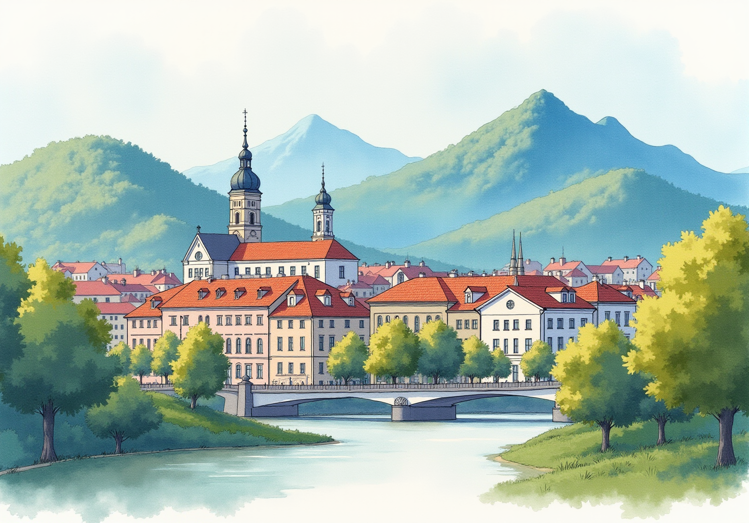 Watercolor Harmony: Vienna's Architecture and Nature