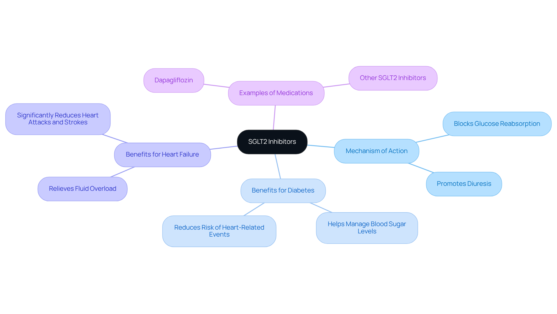 The central node represents SGLT2 inhibitors, while the branches show how they work and their benefits. Each color-coded branch helps you see the different aspects of these medications and their importance in managing health.