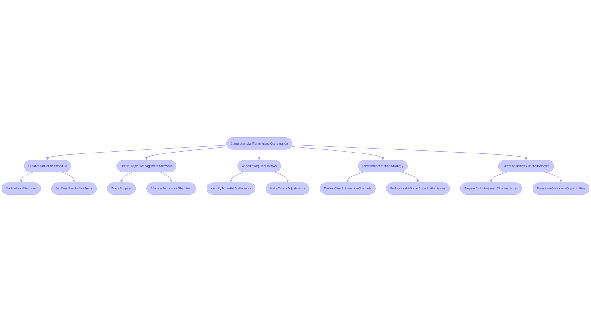This flowchart illustrates the essential steps in effective planning and coordination for large-scale productions. Each box represents a key action, and the arrows show how these actions connect and lead to successful outcomes. Follow the flow to understand how each step contributes to a smoother production process.