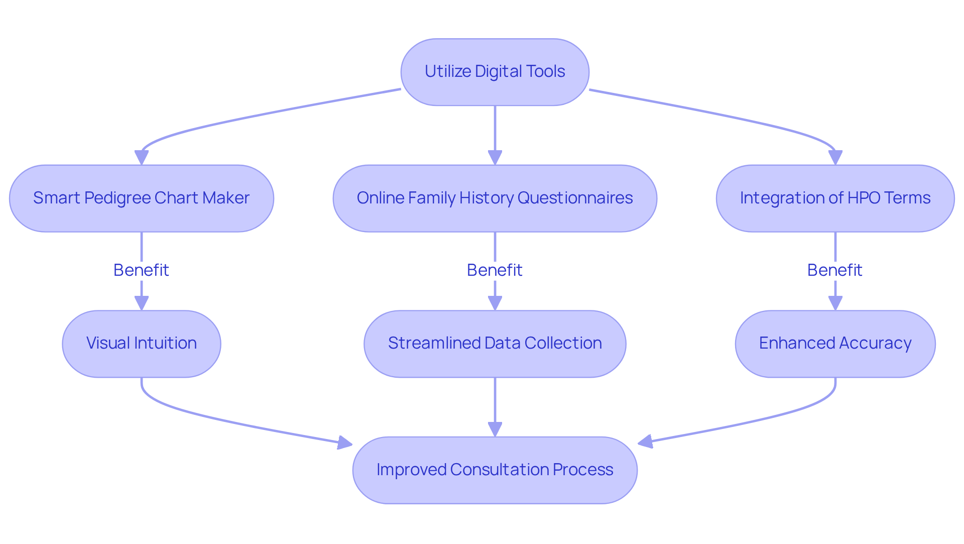 Follow the arrows to see how each digital tool contributes to improving family history management in genetic counseling. Each step shows a key component and its benefits, leading to a more efficient and engaging consultation process.