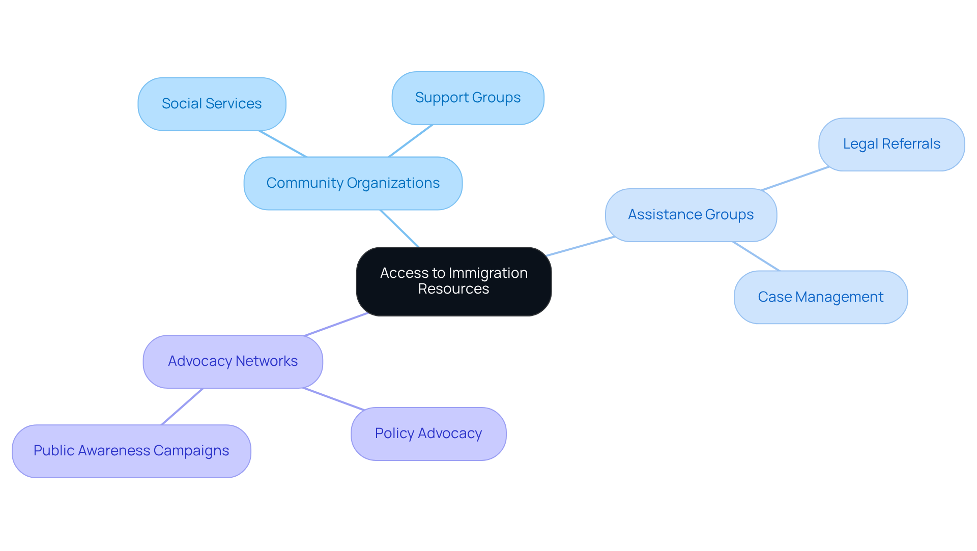 The central node represents the main theme of accessing immigration resources, while the branches show different types of support available. Each sub-branch highlights specific services or roles, illustrating how these resources work together to provide comprehensive legal assistance.
