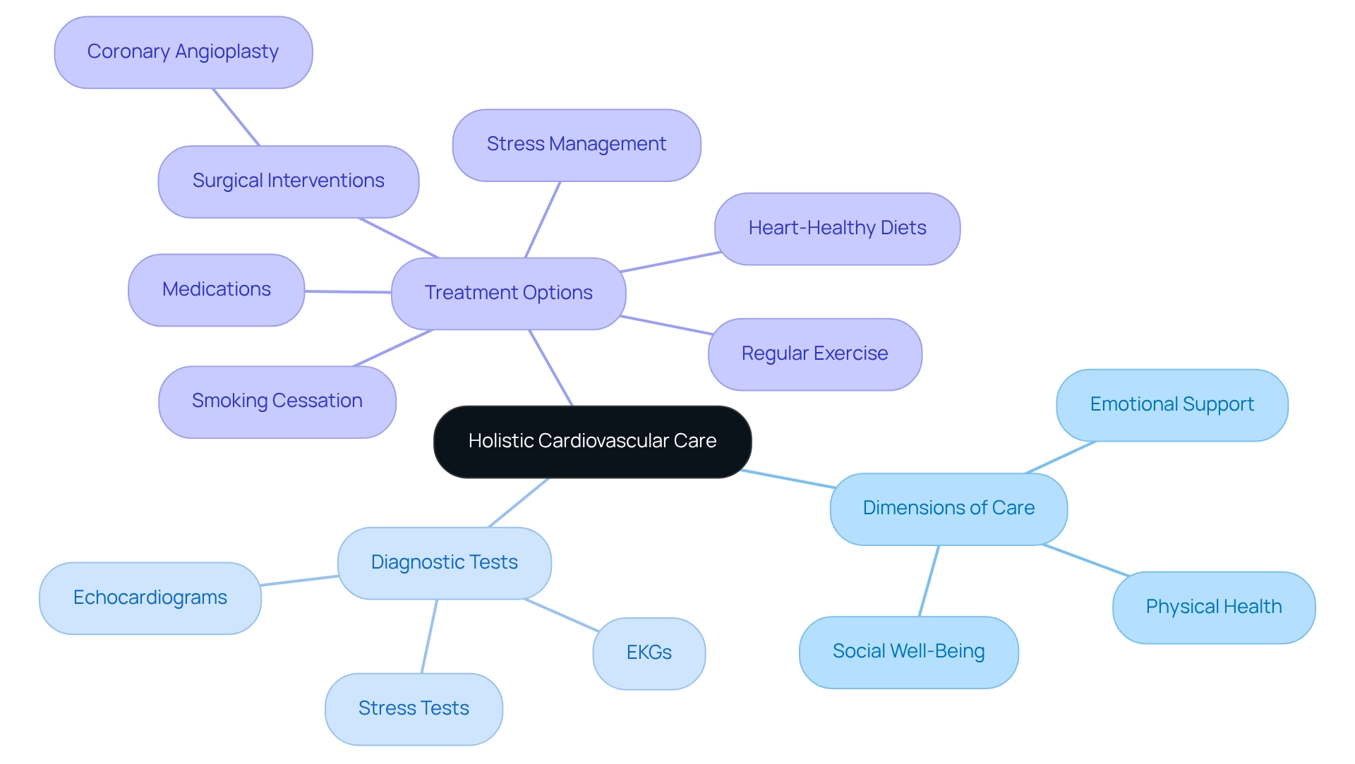 The central node represents the overall care approach, with branches showing dimensions of care, diagnostic tests, and treatment options. The central node represents the overall care approach, with branches showing dimensions of care, diagnostic tests, and treatment options.