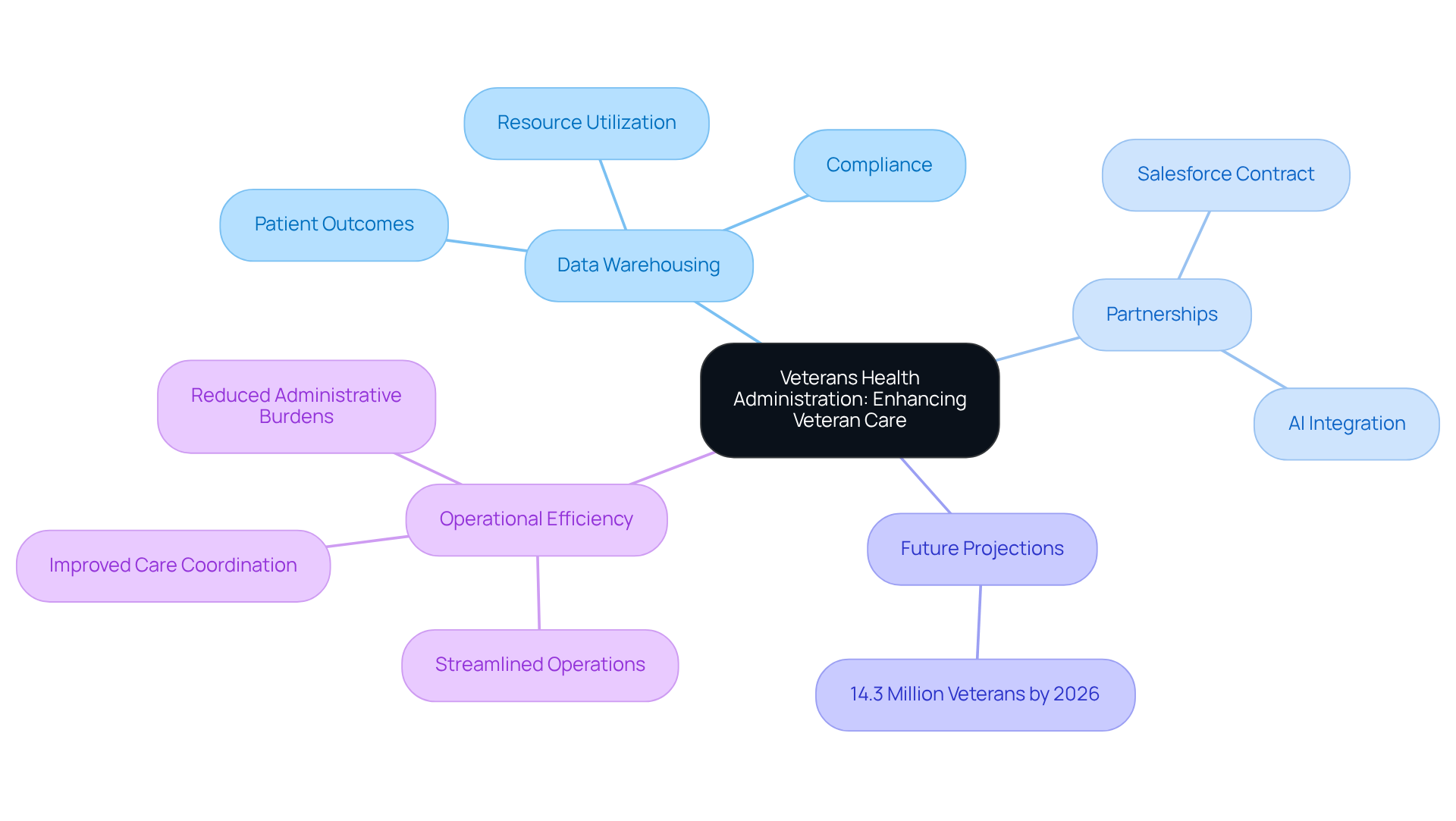 This mindmap illustrates how the VHA is improving care for veterans through various strategies. Each branch represents a key area of focus, showing how they connect to the central goal of enhancing veteran care. Follow the branches to see how data warehousing, partnerships, and future plans all contribute to better healthcare services.