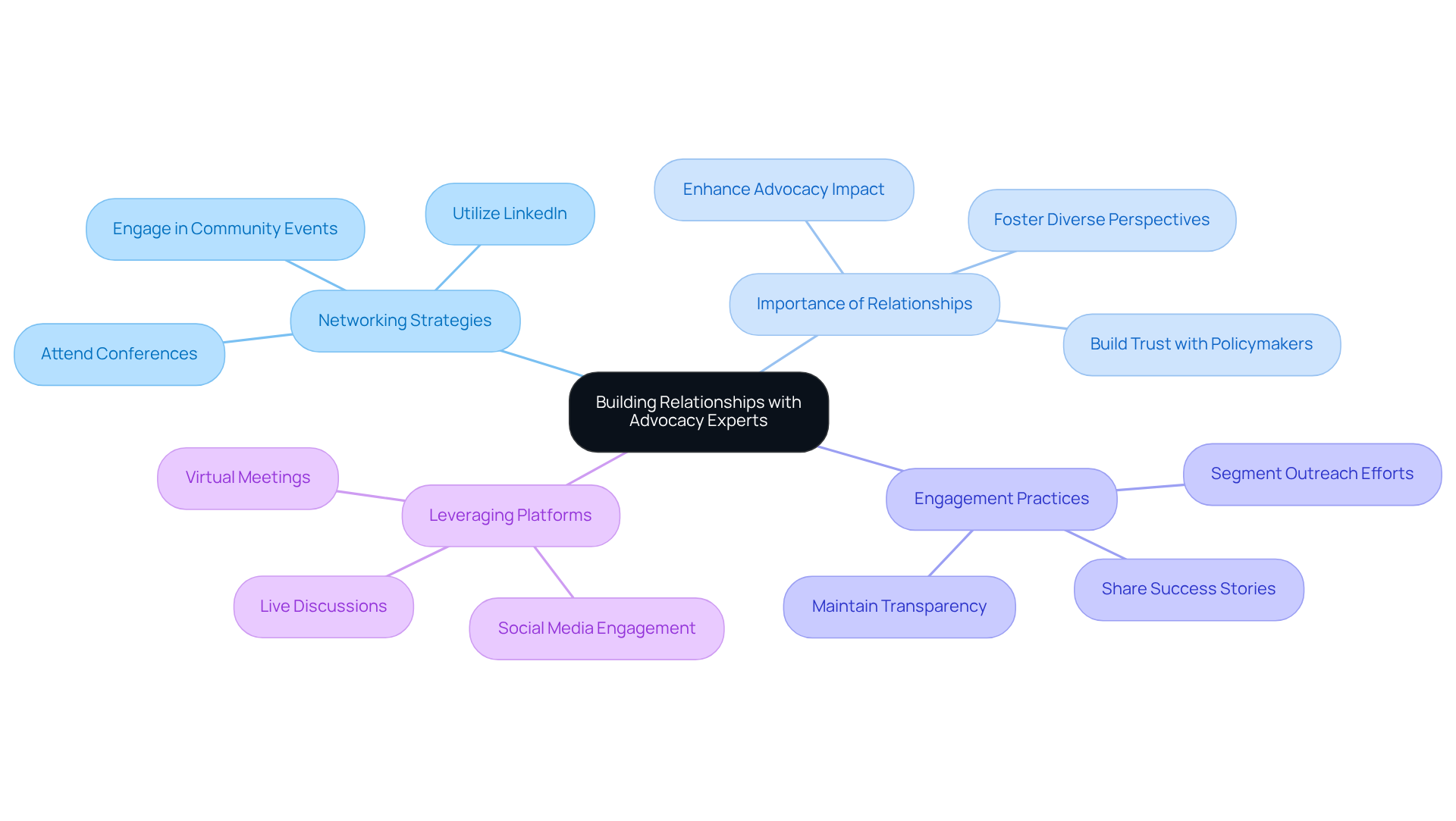 The central node represents the main goal of building relationships, while branches illustrate various strategies and practices that support and enhance advocacy efforts. The central node represents the main goal of building relationships, while branches illustrate various strategies and practices that support and enhance advocacy efforts.