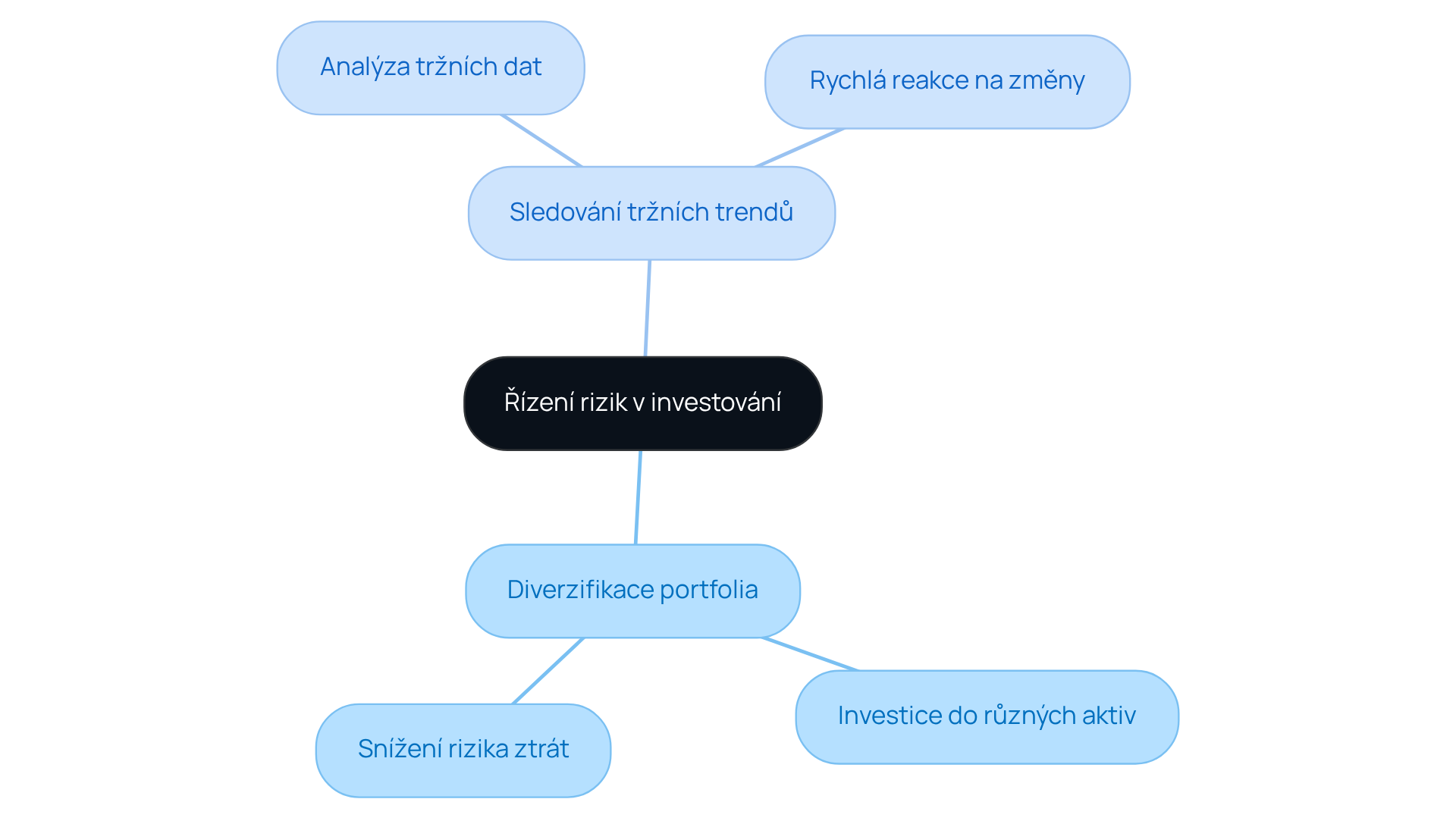 Uprostřed je hlavní téma řízení rizik. Větve ukazují na dvě klíčové strategie, které můžete použít. Sledujte, jak každá strategie přispívá k ochraně vašich investic v turbulentních časech.