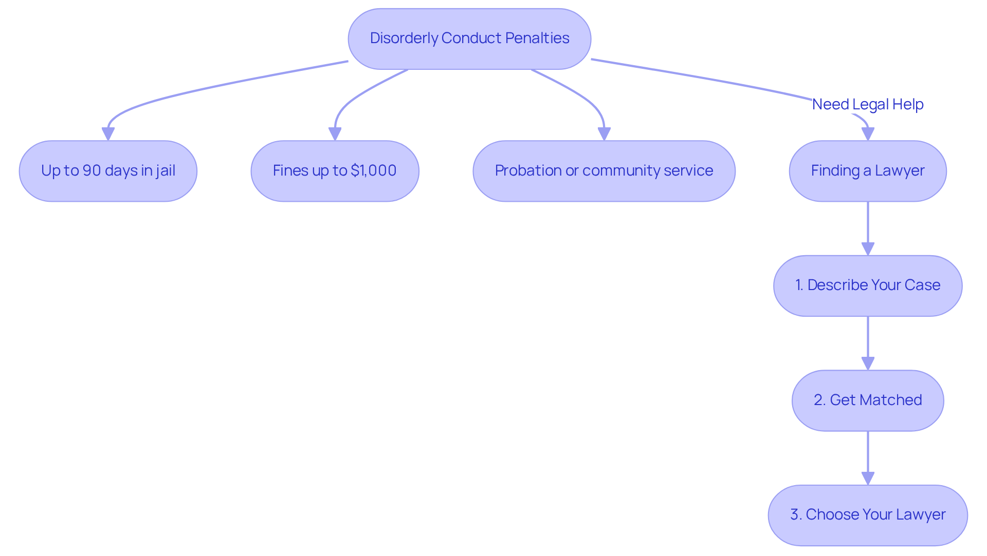 This flowchart shows the potential penalties for disorderly conduct and the steps to find a lawyer. Each penalty is a consequence of a conviction, while the steps guide you through the process of getting legal help. Follow the arrows to see how the penalties relate to the need for legal representation.