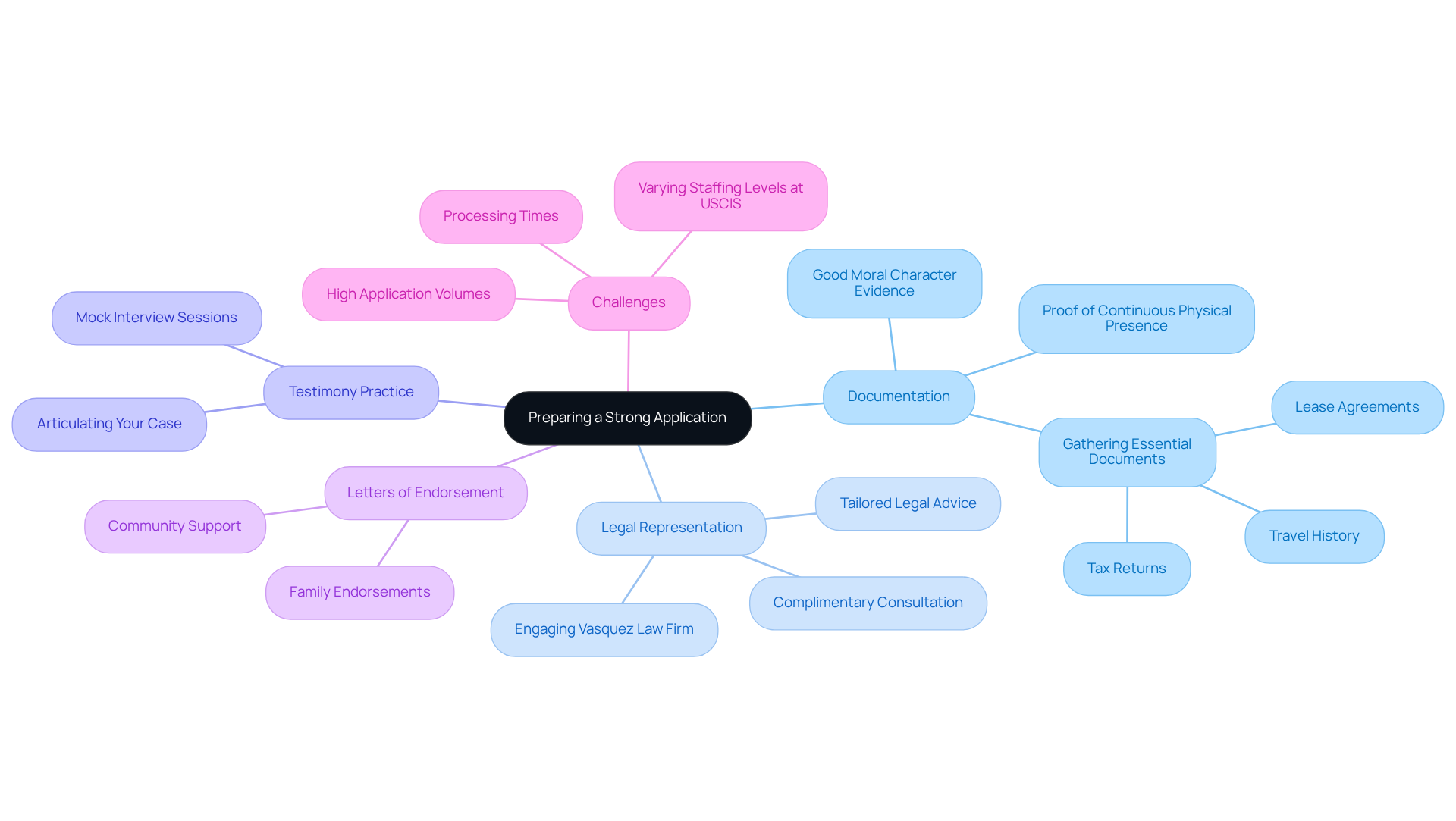 The central node represents the main goal of building a strong application. Each branch highlights a key area to focus on, with further details on actions you can take to strengthen your application.
