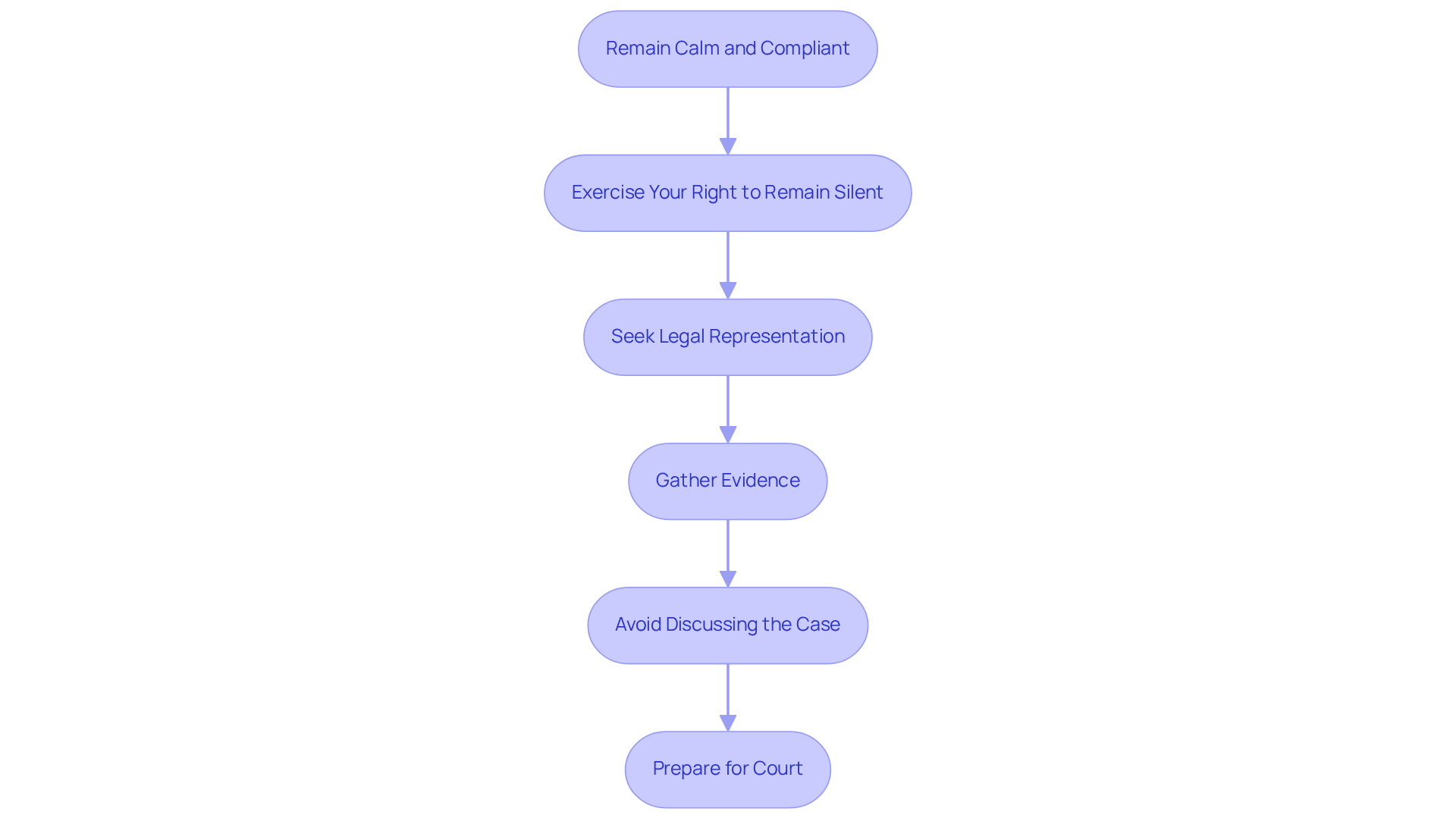 Each box represents a crucial step to take after being charged. Follow the arrows to see the order in which you should act to protect your rights and prepare for your case.