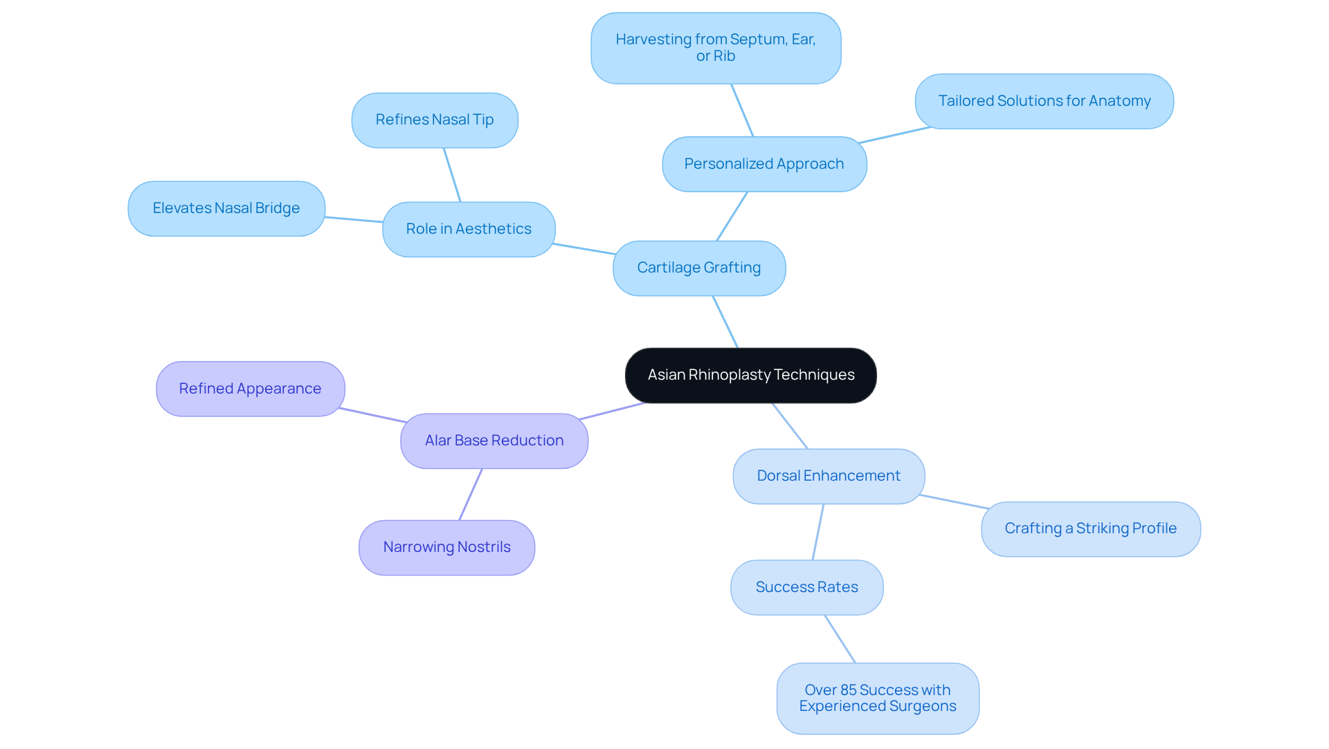 The central node represents the main topic of rhinoplasty techniques, while the branches show specific methods and their contributions to achieving beauty and confidence. Each color-coded branch helps differentiate the techniques for easier understanding.