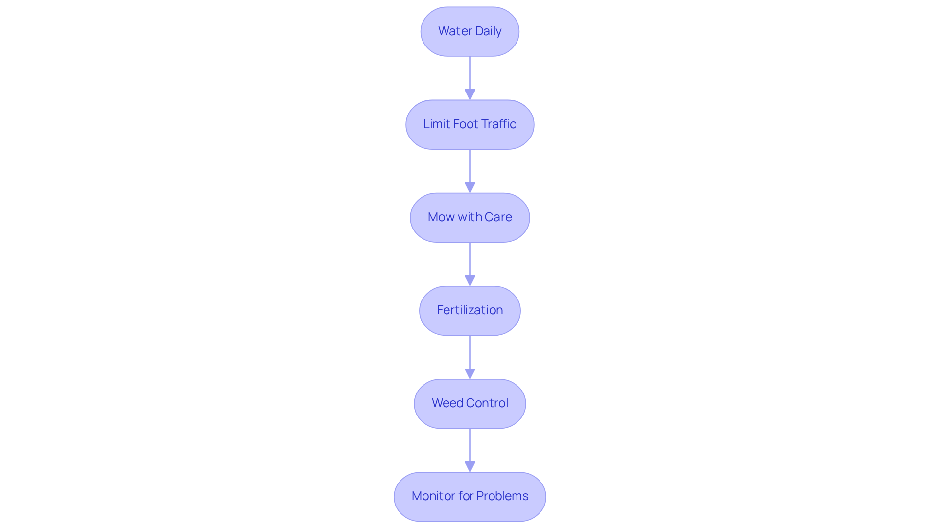 Each box represents a step in caring for your new grass. Follow the arrows to see the order of actions you should take for optimal growth.