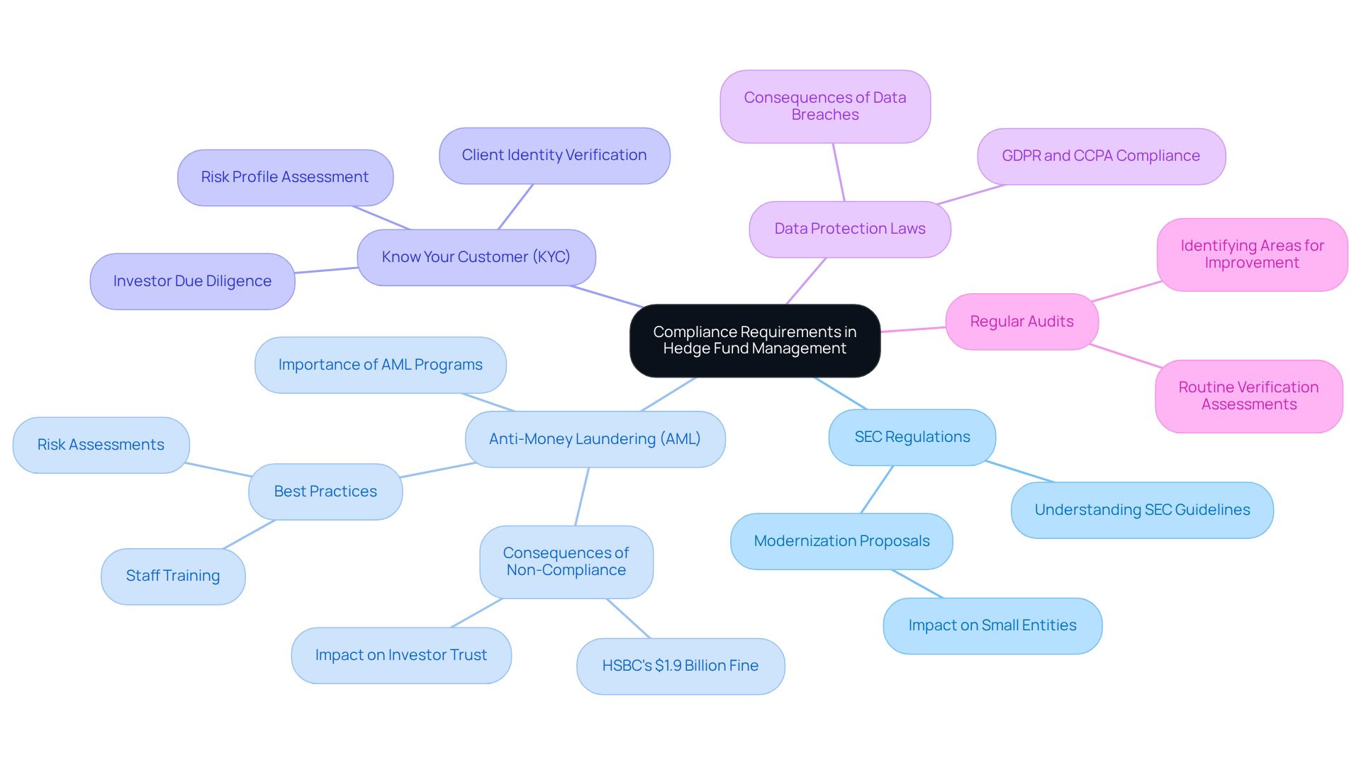 The central node represents the overall compliance landscape, while each branch shows a key area of focus. Sub-branches provide additional details and examples, helping you see how each area connects to the broader regulatory framework.