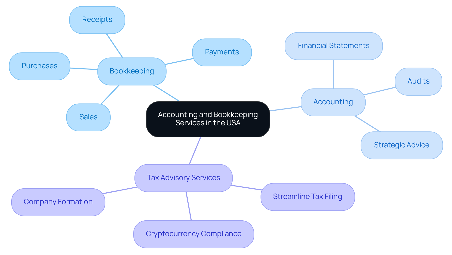 The central node represents the main topic, while the branches show different services and tasks. Each color-coded branch helps you quickly identify related areas of financial management. The central node represents the main topic, while the branches show different services and tasks. Each color-coded branch helps you quickly identify related areas of financial management.