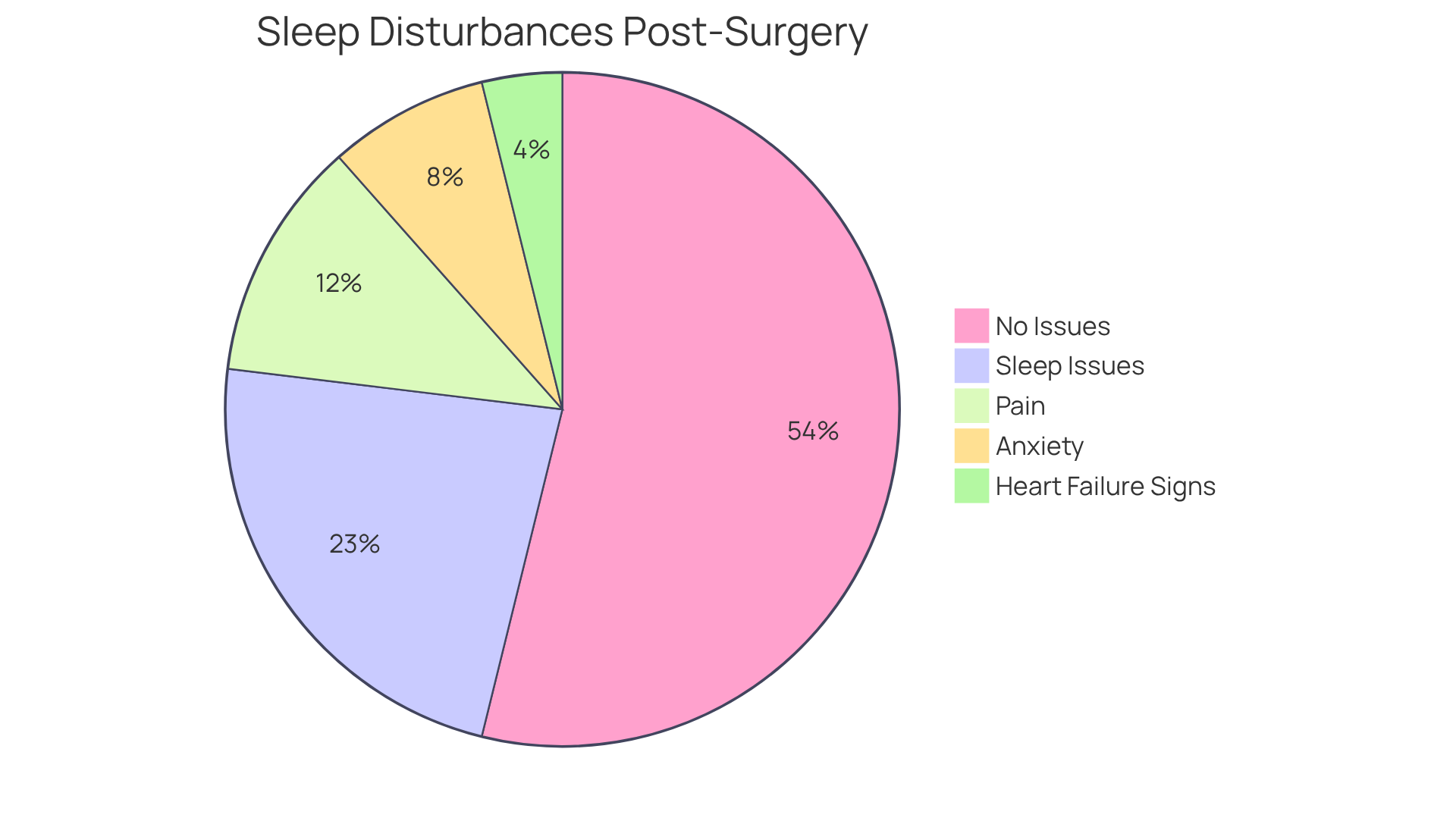 The larger slice shows the percentage of patients facing sleep issues after surgery, while the smaller slice represents those who do not. The additional segments highlight the main factors contributing to these disturbances, helping to understand the overall picture.