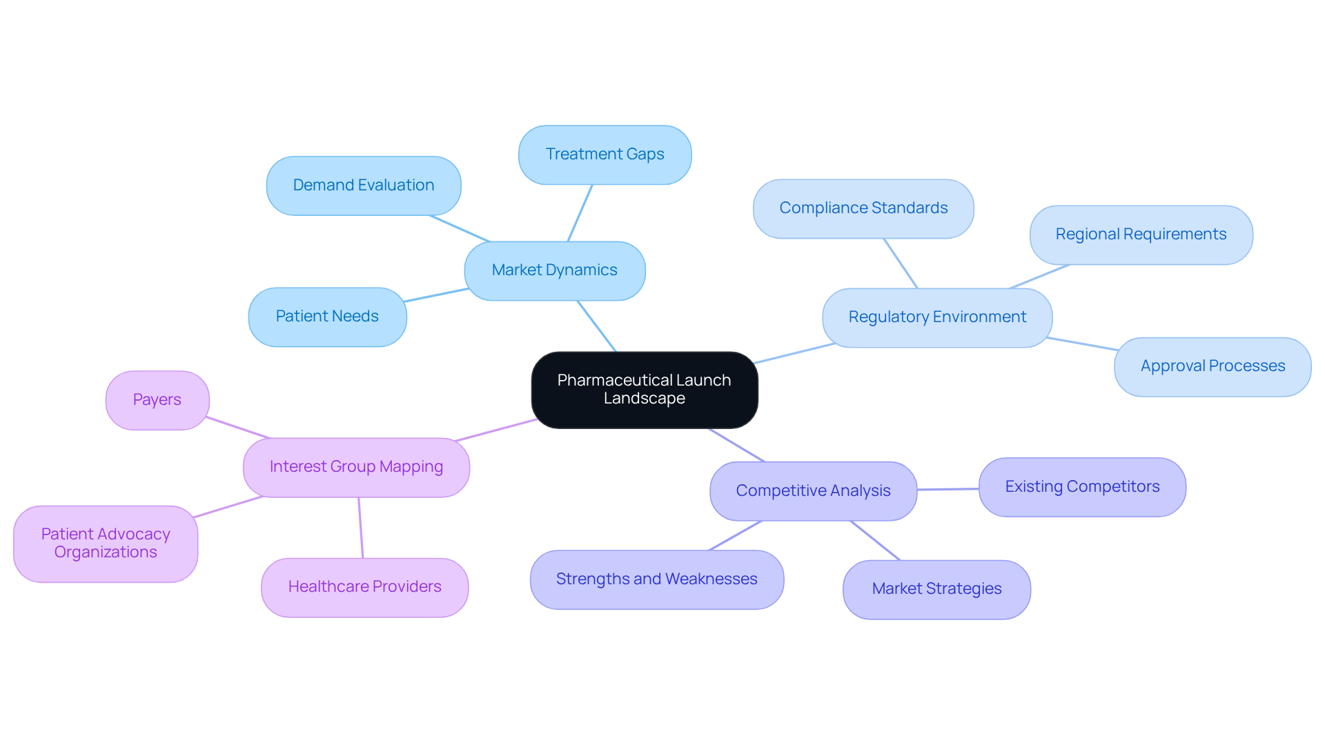 Start at the center with the main theme of pharmaceutical launches, then explore each branch to understand the critical components that influence a successful launch strategy.