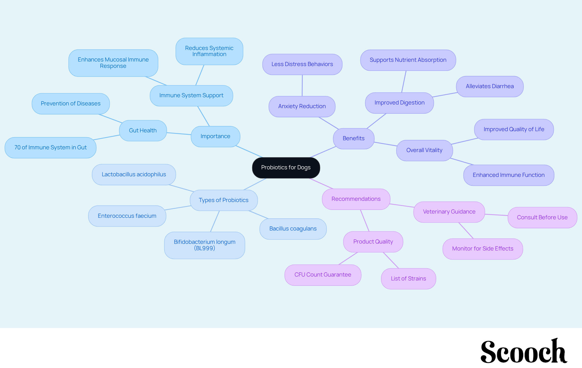 The central node represents the main topic of probiotics for dogs. Each branch shows different aspects: why they're important, the types available, their benefits, and veterinary recommendations. Follow the branches to see how each part connects to the overall theme. The central node represents the main topic of probiotics for dogs. Each branch shows different aspects: why they're important, the types available, their benefits, and veterinary recommendations. Follow the branches to see how each part connects to the overall theme.