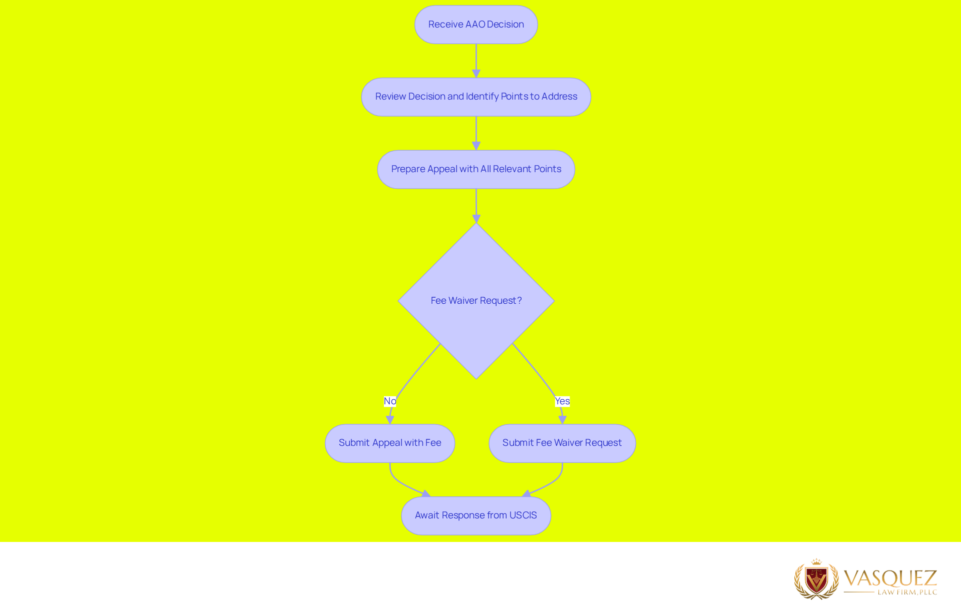 This flowchart guides you through the appeal process for AAO decisions. Start at the top and follow the arrows to see each step you need to take, including whether to request a fee waiver.