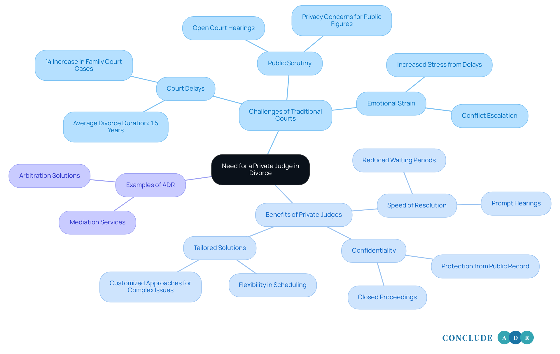 The center represents the main topic, while the branches show the challenges and benefits associated with private judges. Each branch helps you see how these ideas connect and support the overall argument.