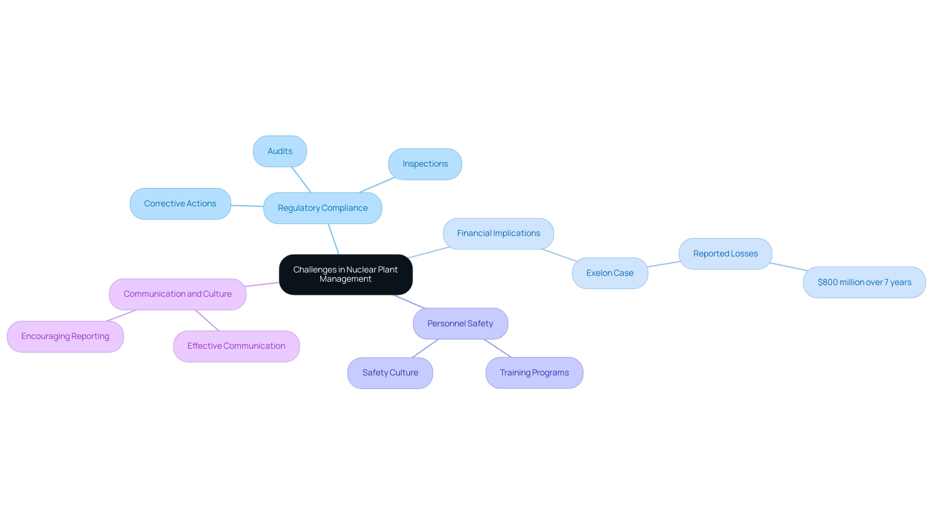 Each branch represents a key challenge in nuclear plant management, with sub-branches detailing specific elements or solutions related to each challenge.