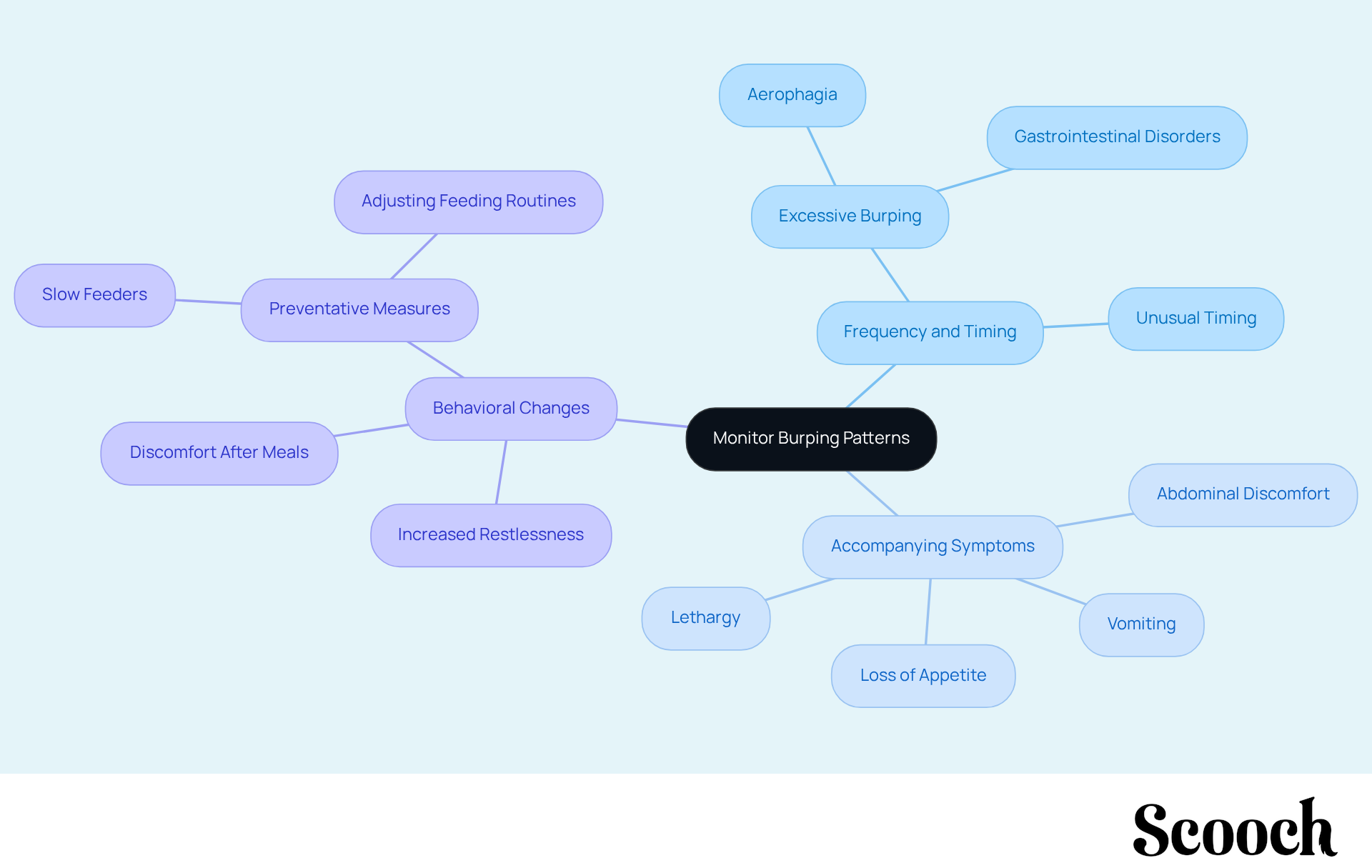 The center shows the main topic of monitoring burping patterns. Each branch represents a key aspect to consider, helping you understand when it's time to consult a veterinarian. The center shows the main topic of monitoring burping patterns. Each branch represents a key aspect to consider, helping you understand when it's time to consult a veterinarian.