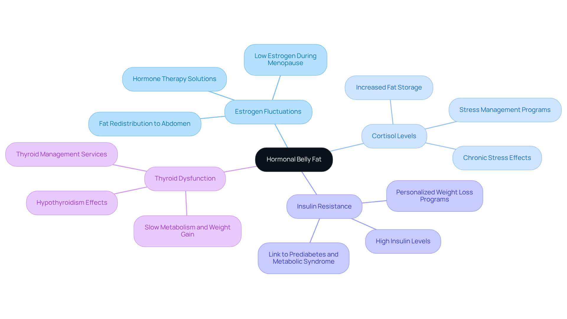 This mindmap starts with the main issue of hormonal belly fat at the center. Each branch represents a different cause, and the sub-branches provide more details about how these causes affect fat storage and health. Follow the branches to see how each factor contributes to the overall problem. This mindmap starts with the main issue of hormonal belly fat at the center. Each branch represents a different cause, and the sub-branches provide more details about how these causes affect fat storage and health. Follow the branches to see how each factor contributes to the overall problem.