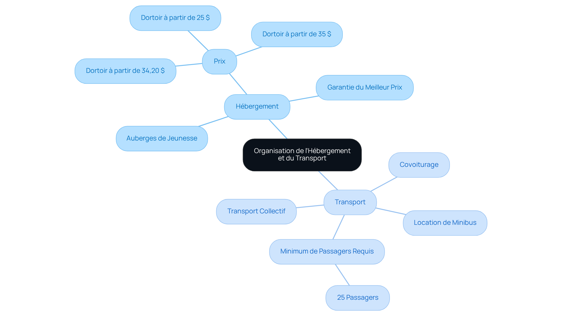 Le centre représente l'organisation générale, tandis que les branches montrent les options d'hébergement et de transport disponibles. Suivez les branches pour explorer les détails et recommandations spécifiques.