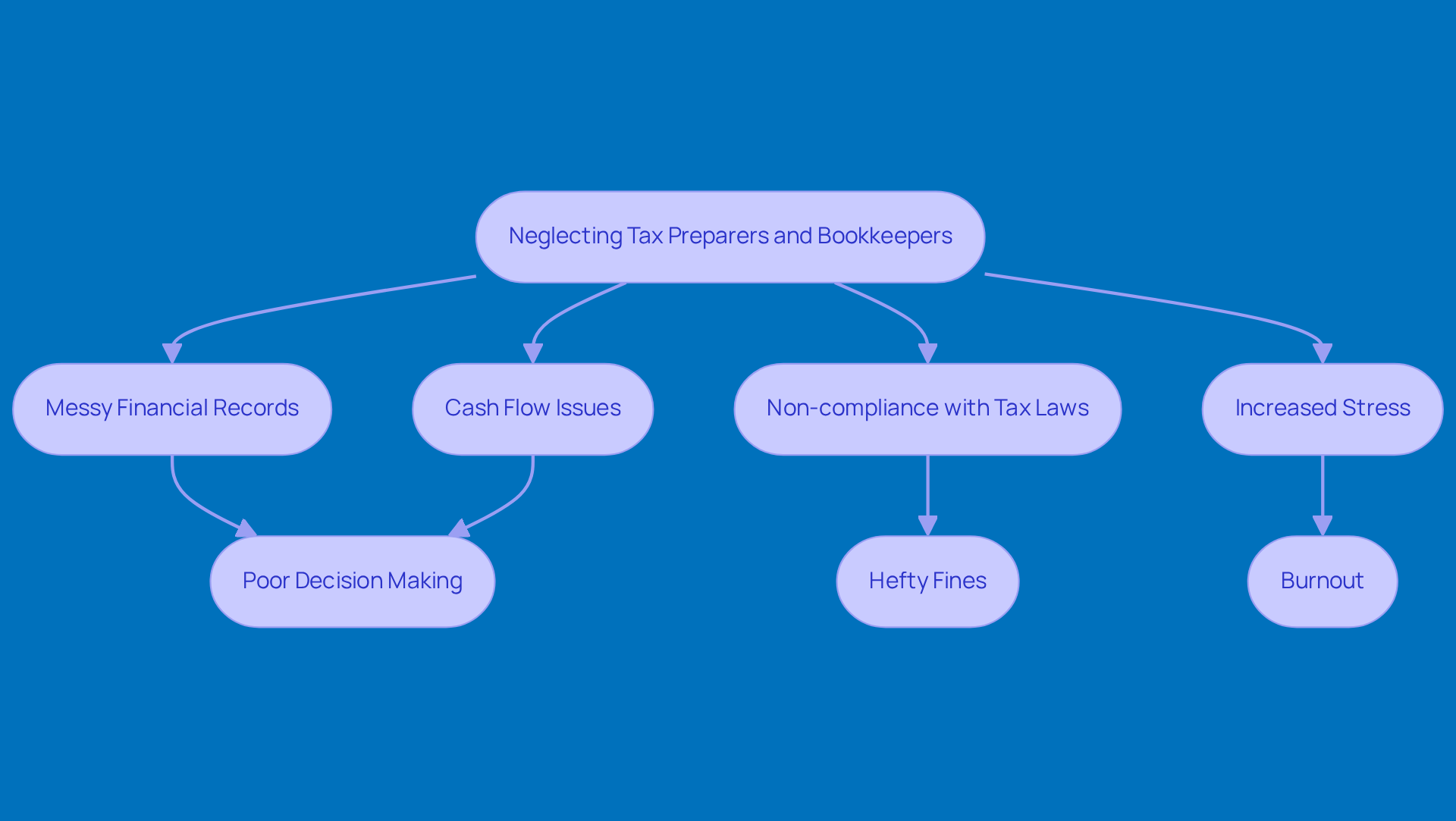 Follow the arrows to see how neglecting financial experts can lead to a series of risks and consequences for small businesses. Each box highlights a risk or outcome, helping you understand the importance of professional oversight.