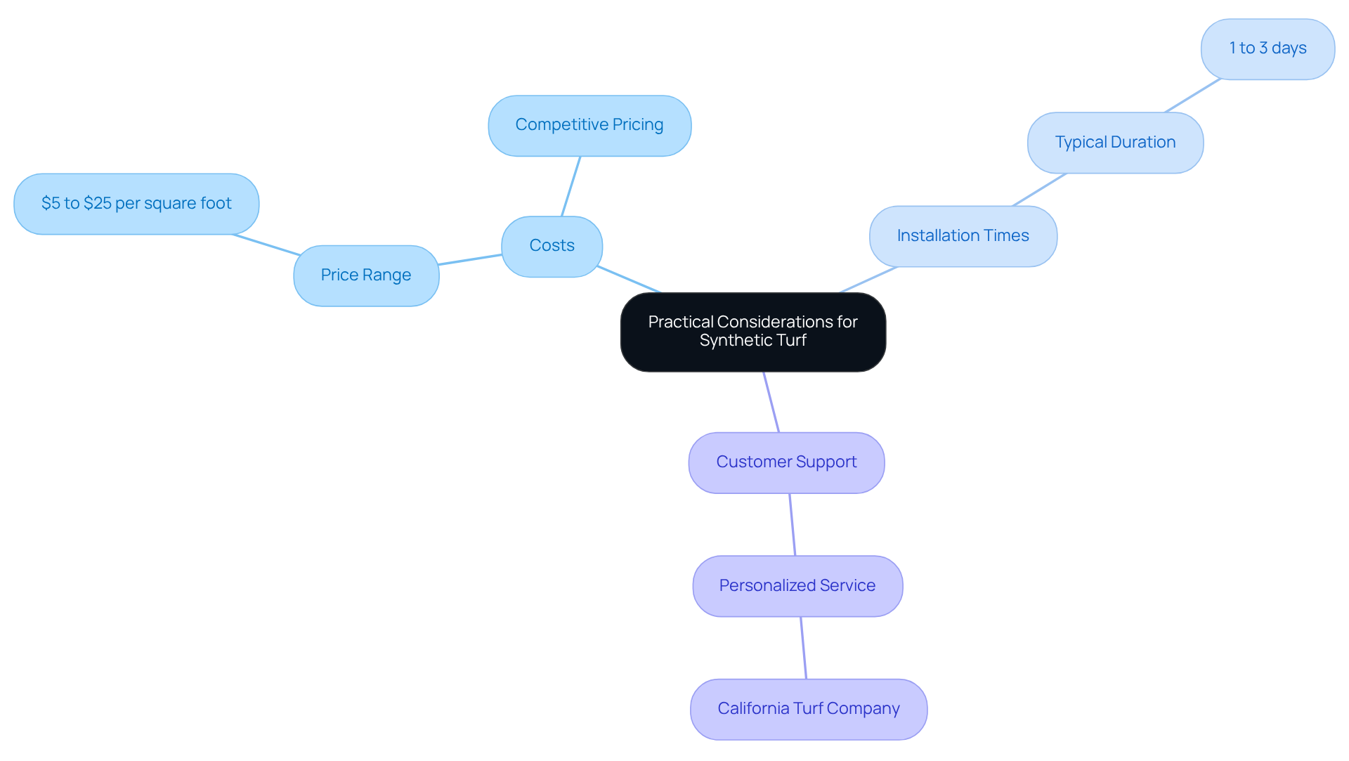 The central node represents the main topic, while the branches show different aspects to consider: costs, how long installation takes, and the level of customer support available.