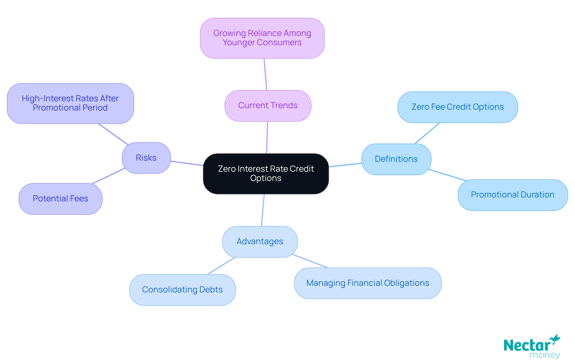 The center represents the main concept, and each branch illustrates different facets of zero interest rate credit options, helping you see how they connect and the importance of each aspect.