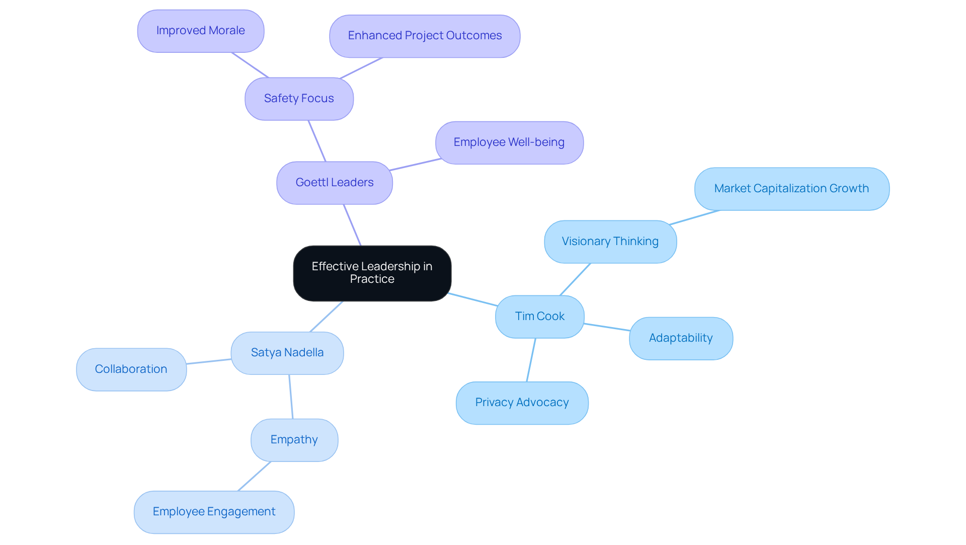 This mindmap illustrates how different leaders embody specific traits and the positive effects these traits have on their organizations. Follow the branches to see how each leader's qualities contribute to their success and the overall impact on employee engagement and business performance.
