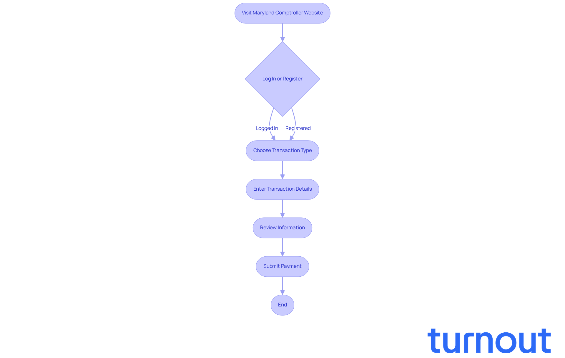 Each box represents a step in the payment process. Follow the arrows to see the order of actions you need to take, from starting the transaction to submitting your payment.