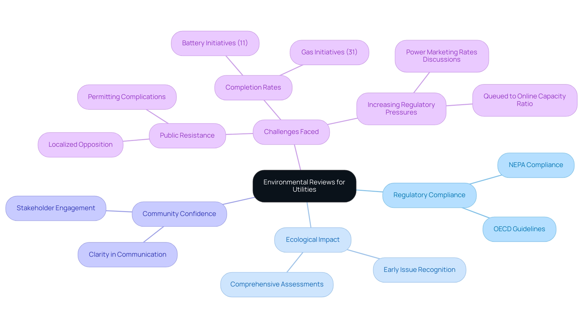 The central node represents the main topic, with branches showing key areas and their respective subcategories.