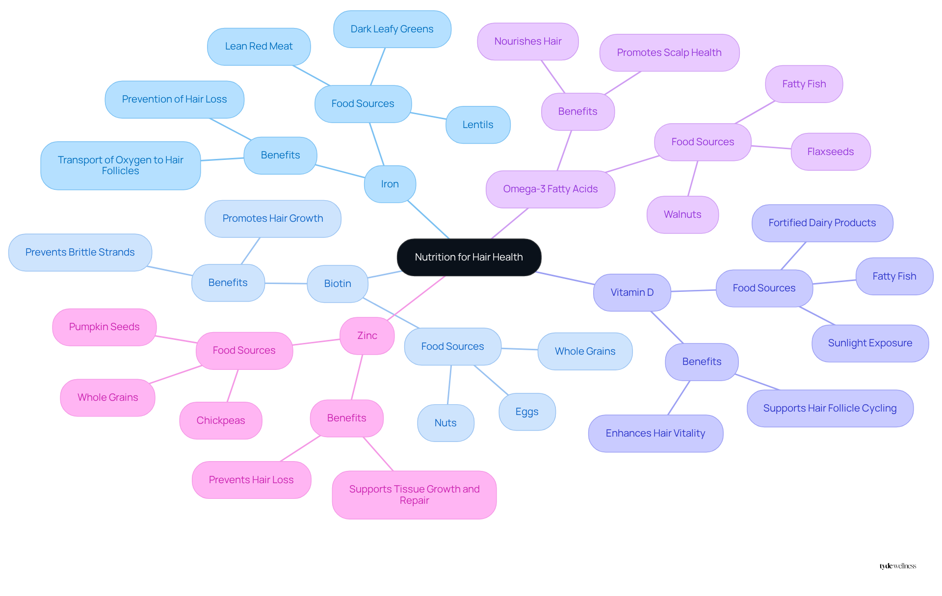 At the center is the focus on nutrition for hair health. Each branch represents a nutrient, with further details on its benefits and sources. The more you explore each branch, the more you learn about how to support your hair while losing weight.