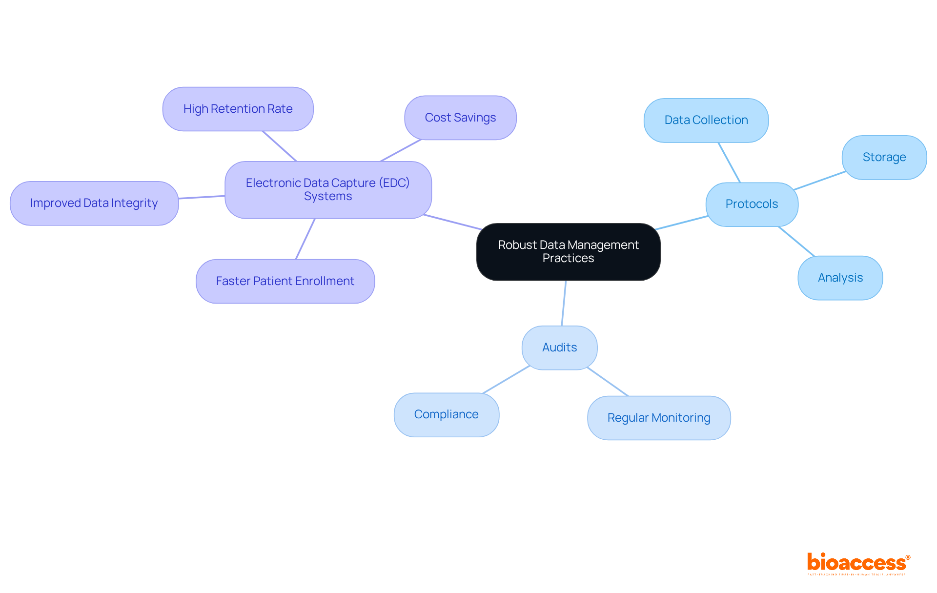 The central node represents the main topic, while branches show key components and their relationships. Each color-coded branch helps you see how different aspects contribute to effective data management.