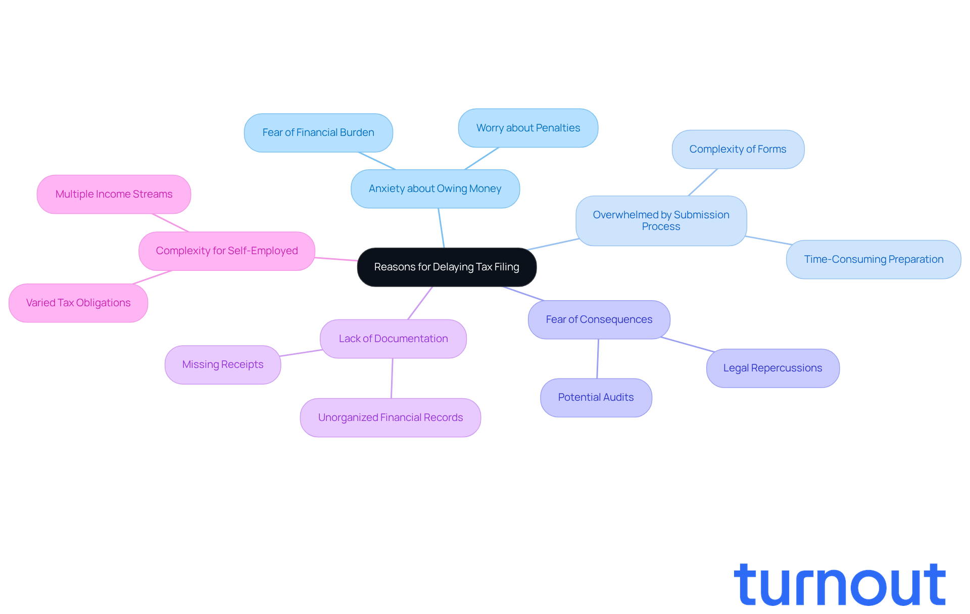 Start at the center with the main topic, then follow the branches to explore each reason for delaying tax filing. Each branch represents a different concern that taxpayers may face.