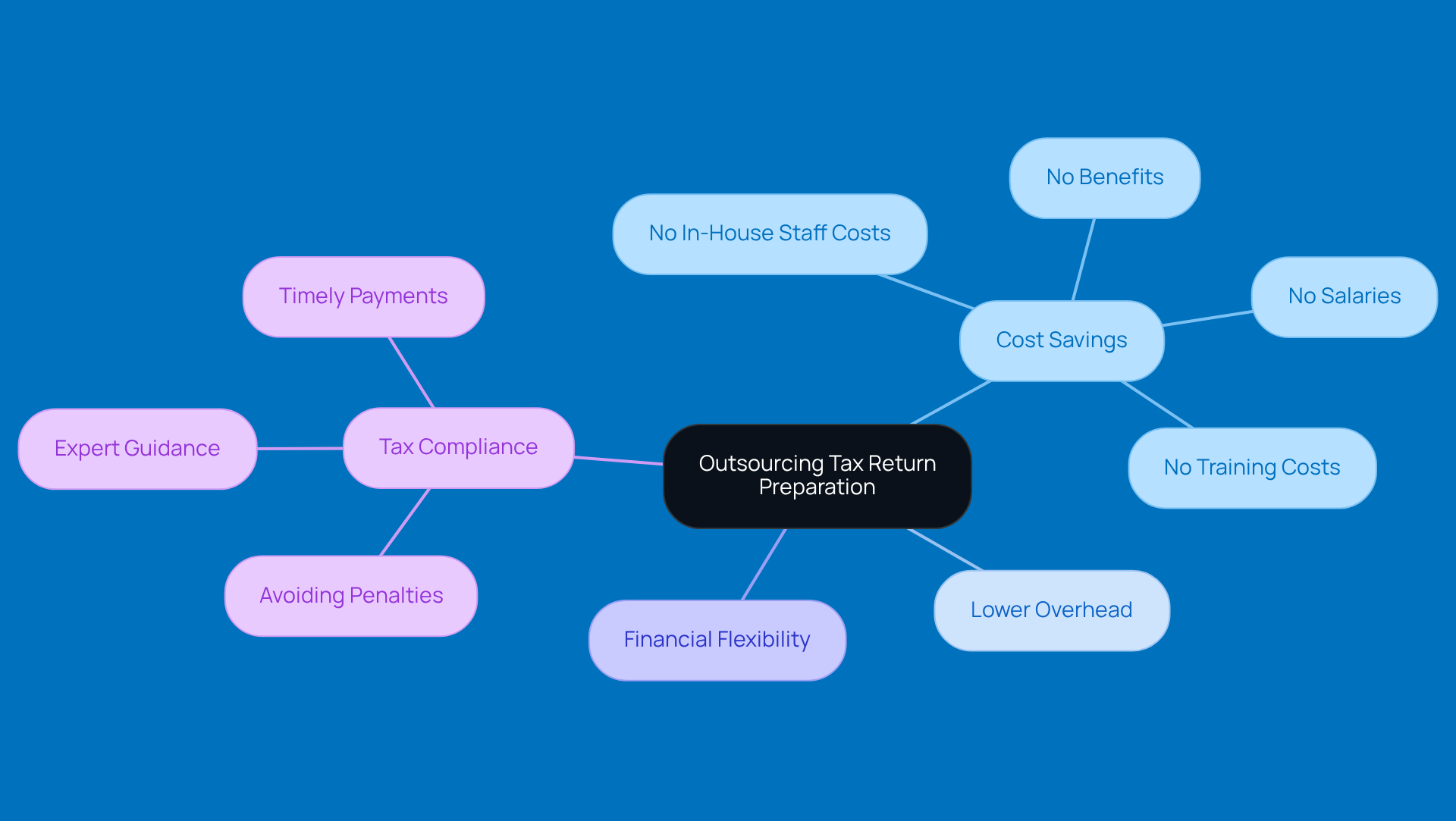 The central idea is outsourcing tax return preparation. Each branch shows a key benefit, and the sub-branches detail specific aspects of those benefits. Follow the branches to understand how outsourcing can help your agency save money and improve compliance.