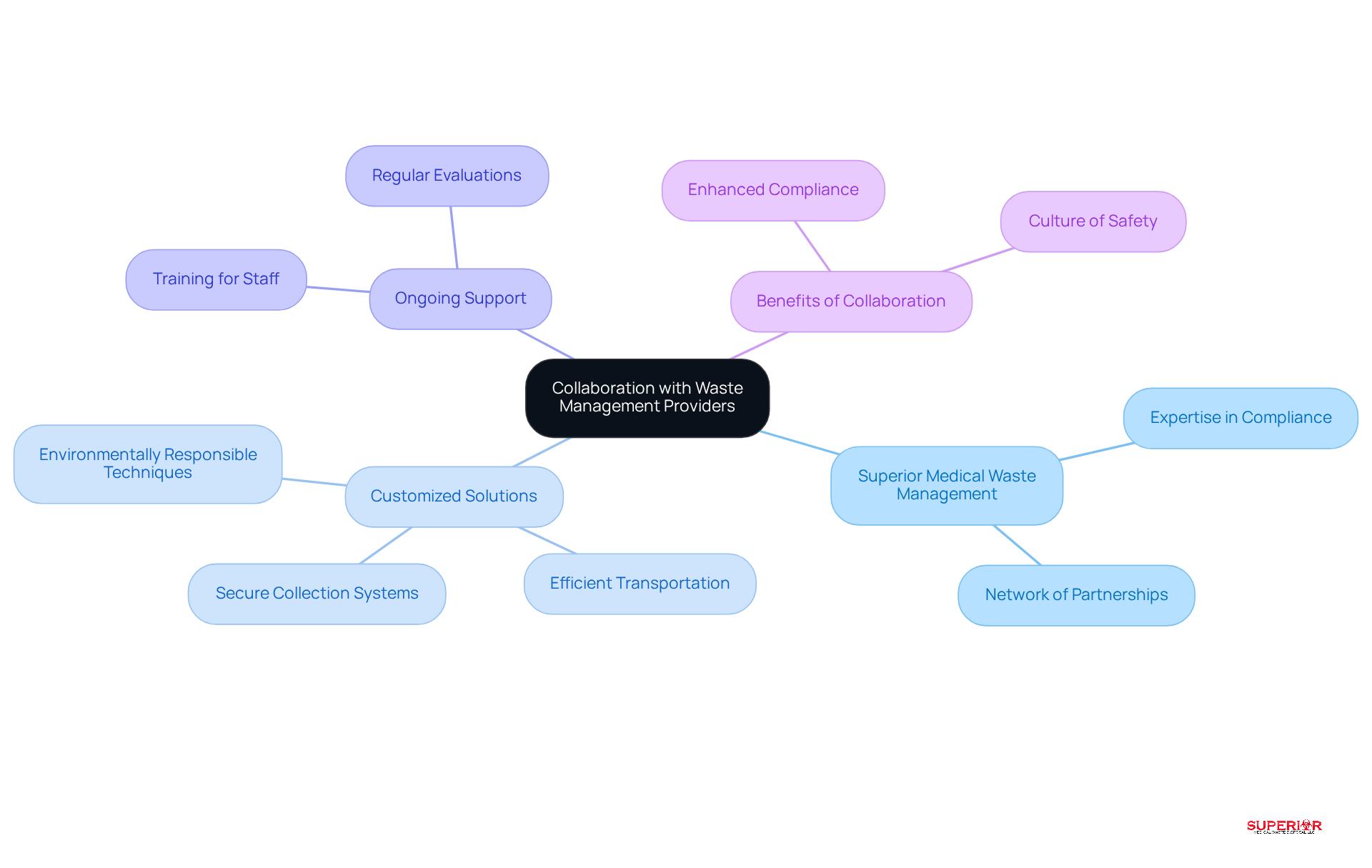 The center shows the main idea of collaboration, while branches illustrate the specific services and benefits that come from partnering with specialized providers.