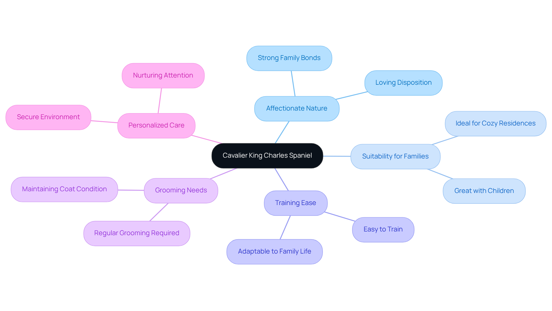 This mindmap shows the key traits and care requirements of Cavalier King Charles Spaniels. Each branch represents an important aspect of this breed, helping you understand why they are such wonderful companions.