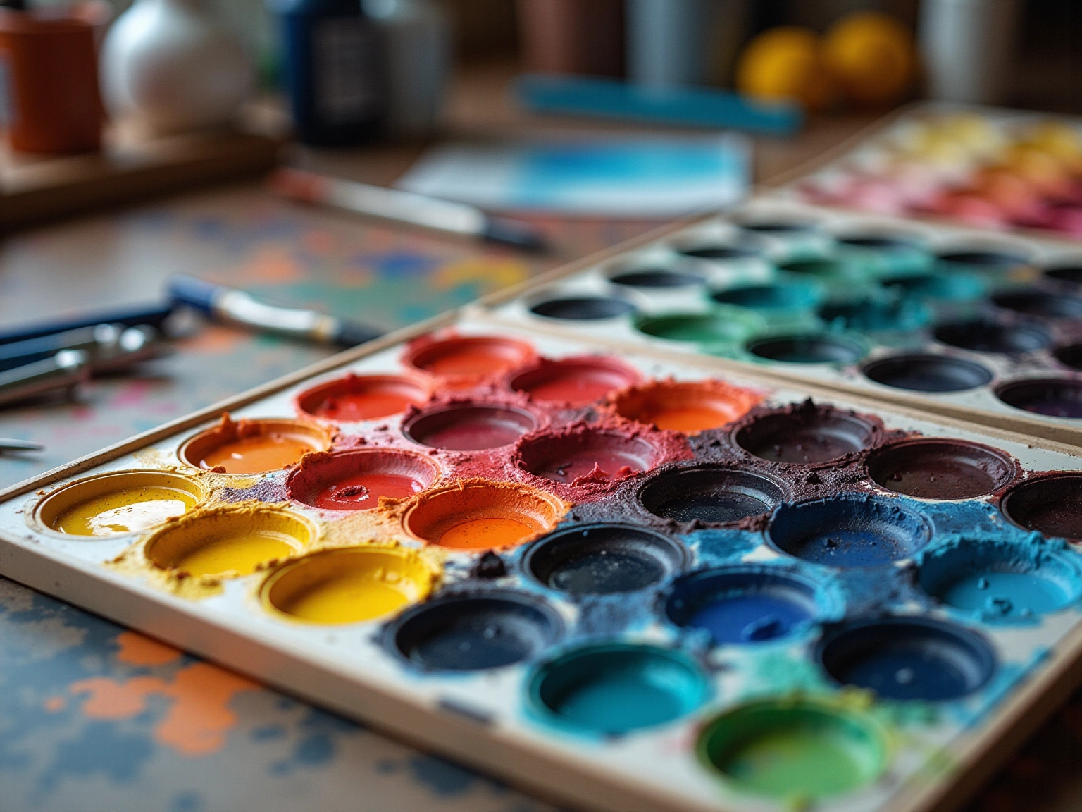 Diverse Watercolor Palette Trays in an Artistic Workspace Diverse Watercolor Palette Trays in an Artistic Workspace