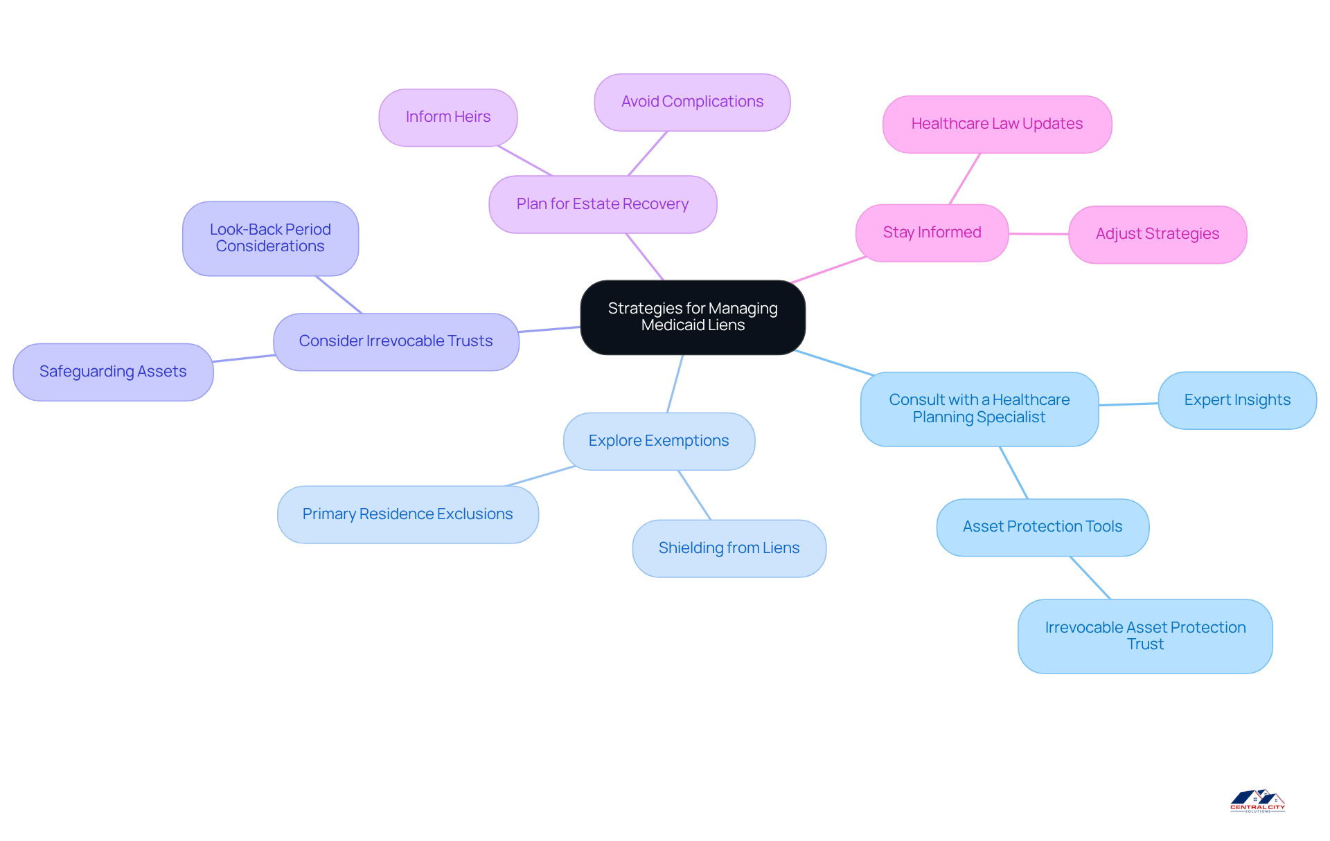 The central node represents the main topic, and each branch represents a specific strategy to help manage Medicaid liens. The colors and descriptions help you quickly identify and understand each approach.