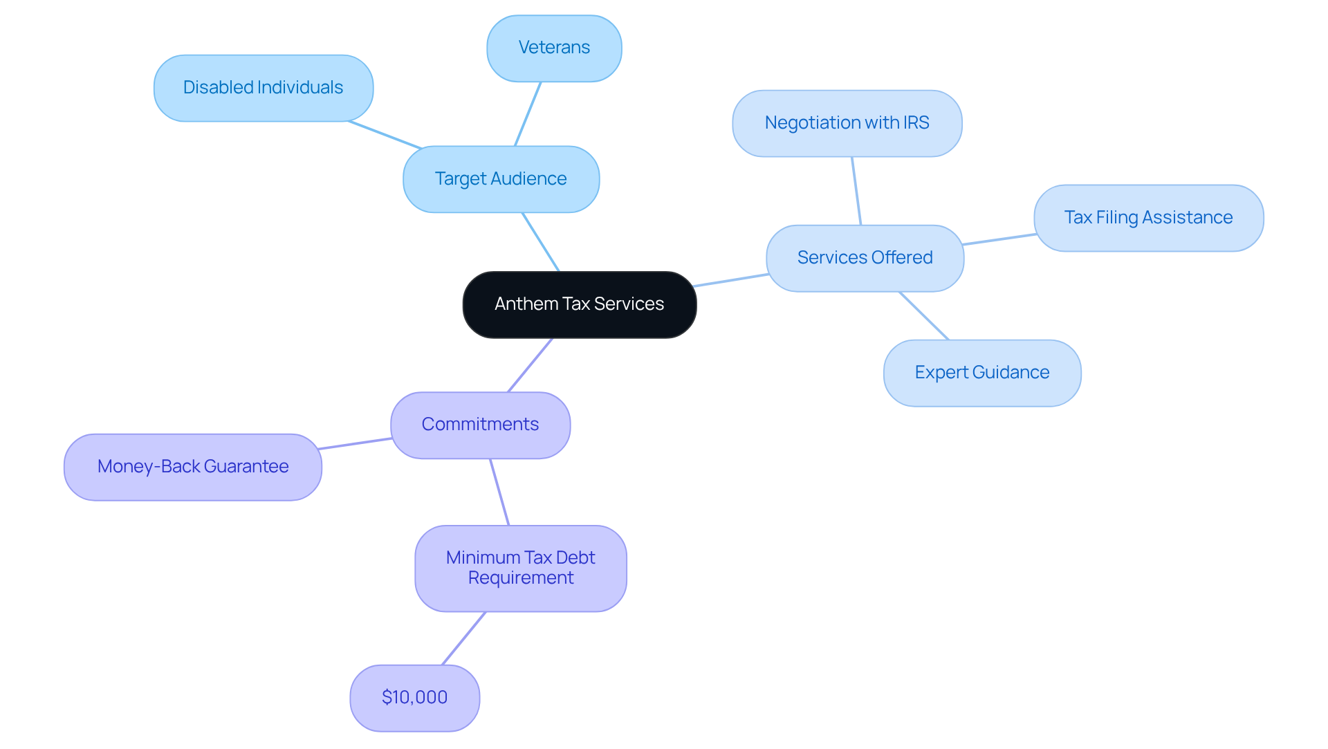 The center represents Anthem Tax Services, and the branches show who they help, what services they provide, and their commitments to clients. Each branch helps you understand the different aspects of their offerings.