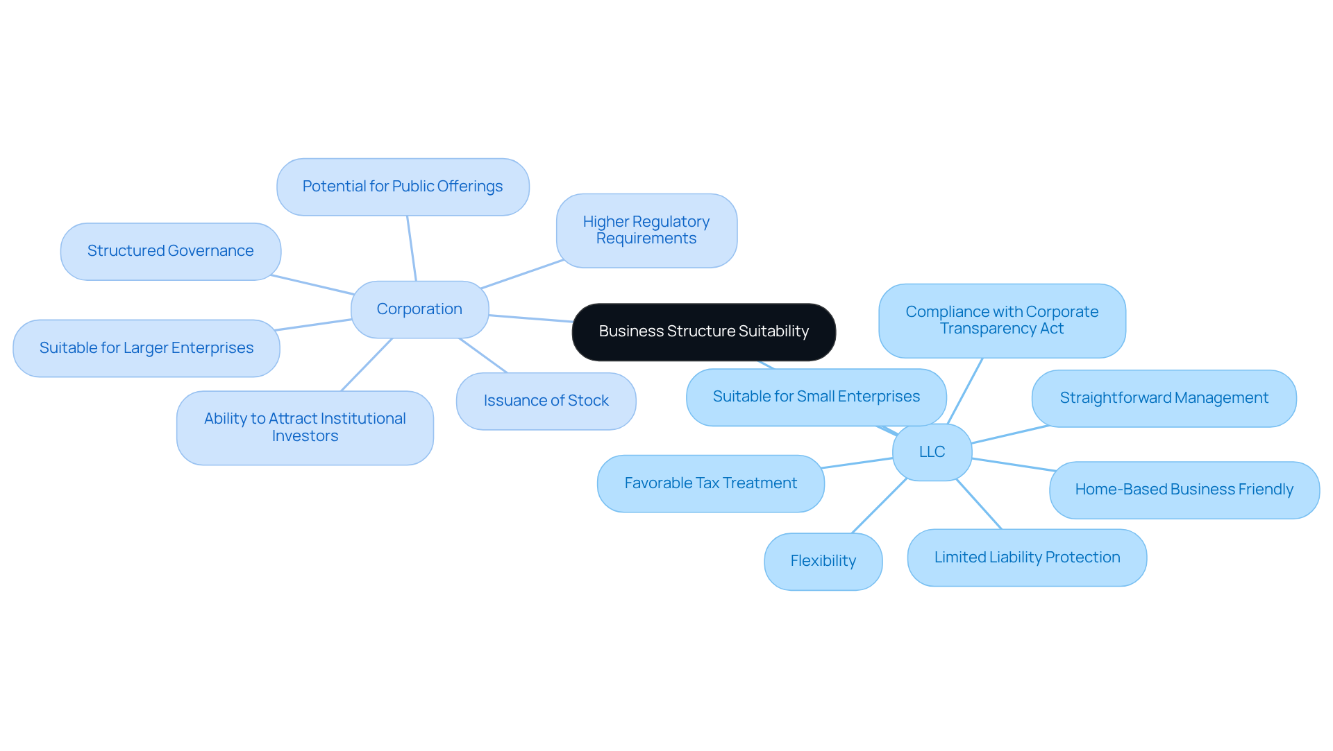 The central node represents the main topic, while the branches show the two types of business structures. Each point under the branches highlights key characteristics that help determine which structure is best for different business types. The central node represents the main topic, while the branches show the two types of business structures. Each point under the branches highlights key characteristics that help determine which structure is best for different business types.