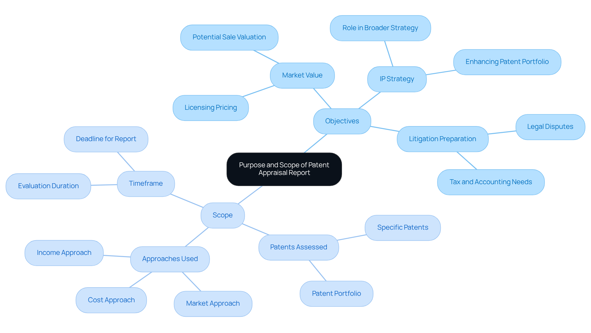 The central node represents the main theme of the report. The branches show the key objectives and scope elements, helping you understand what needs to be considered for an effective patent appraisal.