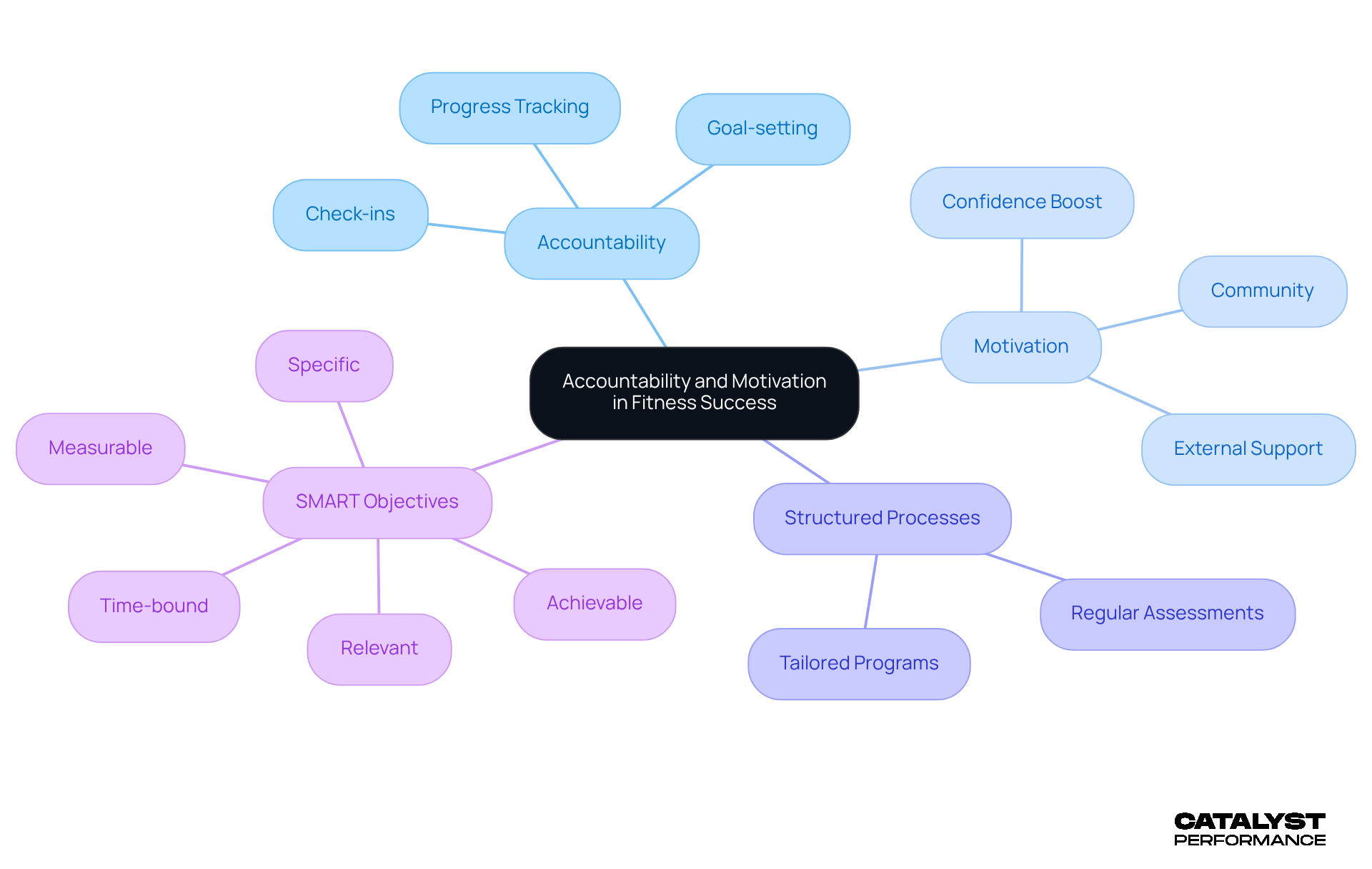 The center represents the main theme, while branches show how accountability and motivation are connected to various practices and outcomes in fitness. Each color-coded branch helps you see the relationships clearly.