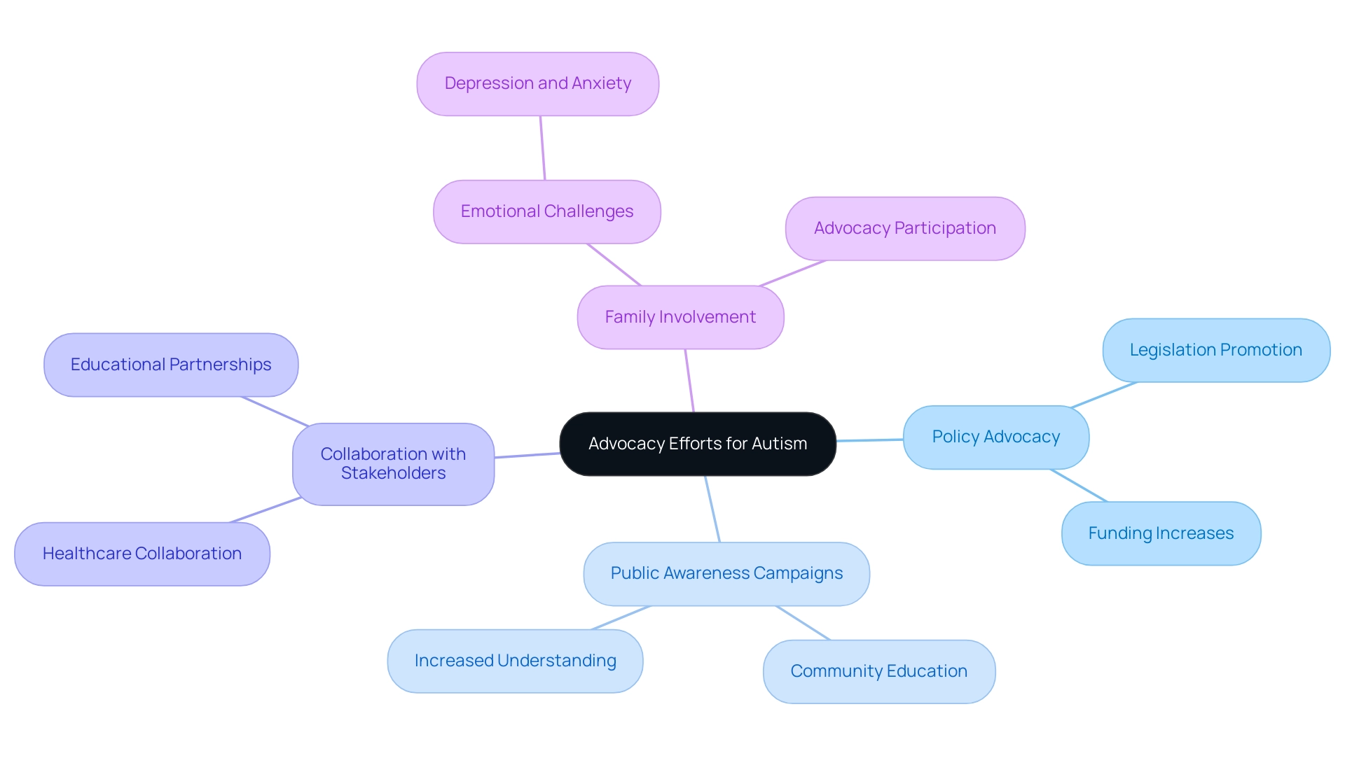 The central node represents the overall advocacy efforts, with branches showing key initiatives and their respective subcategories.