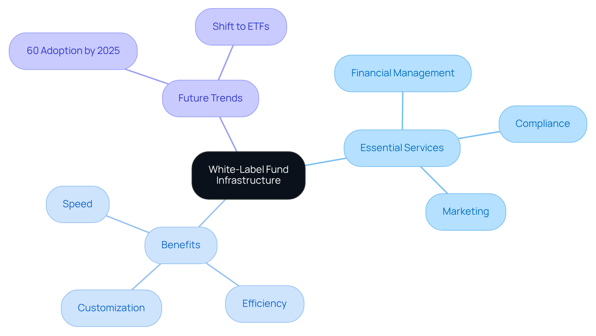In the center, you have the main concept of white-label fund infrastructure. Follow the branches to explore its essential services, benefits for fund managers, and future trends. Each color-coded branch represents a different aspect, helping you see how they all connect and contribute to the overall topic. In the center, you have the main concept of white-label fund infrastructure. Follow the branches to explore its essential services, benefits for fund managers, and future trends. Each color-coded branch represents a different aspect, helping you see how they all connect and contribute to the overall topic.
