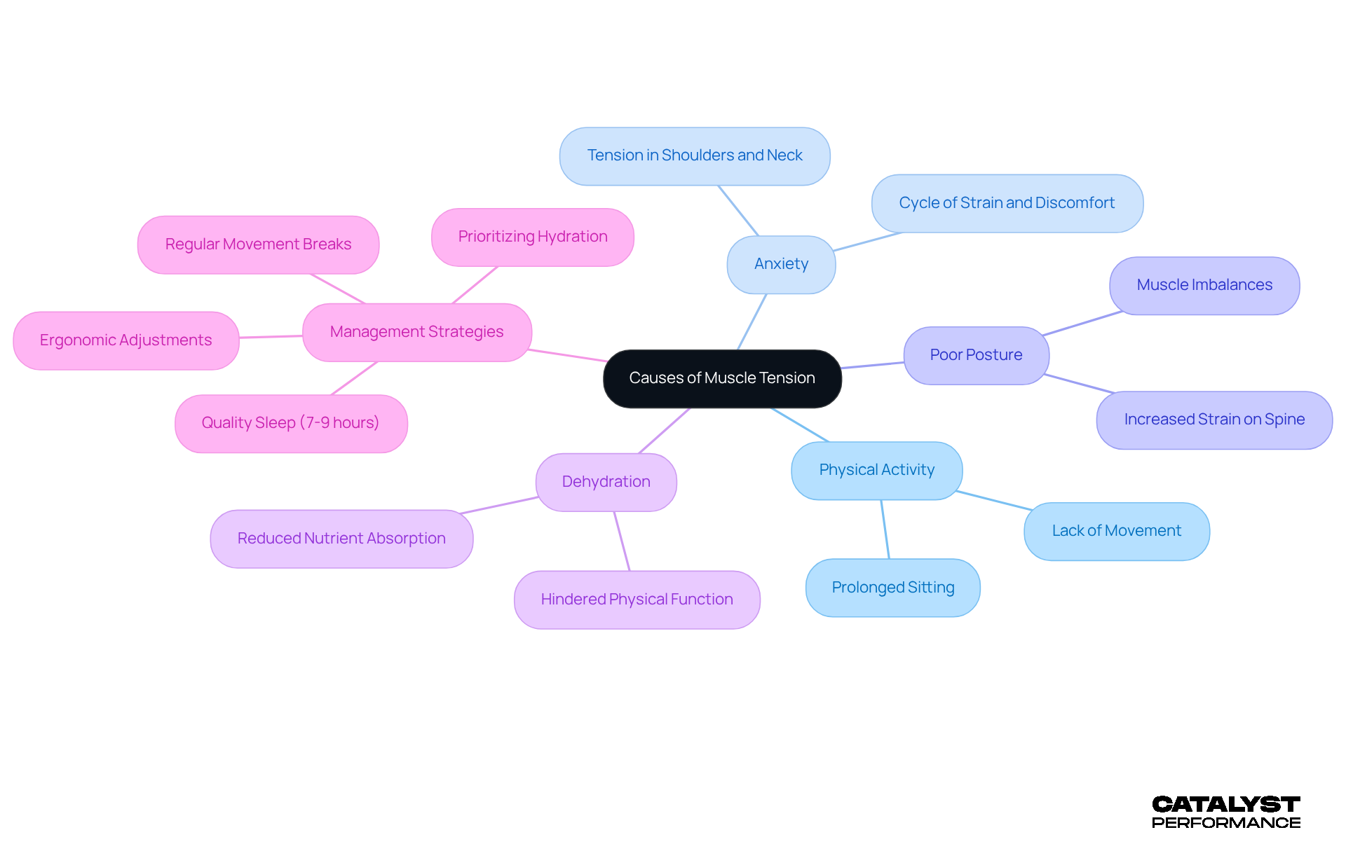 The central node represents the main topic of muscle tension. Each branch shows a cause of tension, and the sub-branches provide more detail or examples. The management strategies branch offers practical actions to alleviate tension. The central node represents the main topic of muscle tension. Each branch shows a cause of tension, and the sub-branches provide more detail or examples. The management strategies branch offers practical actions to alleviate tension.