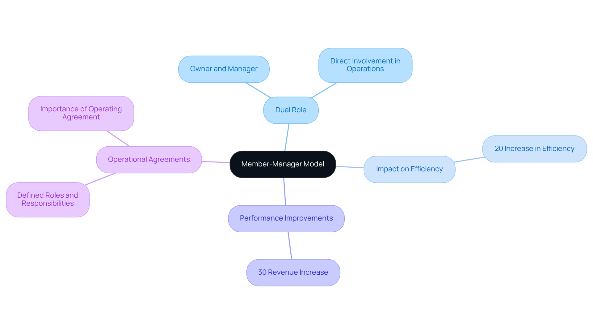 Start at the center with the Member-Manager concept, then explore how it impacts efficiency, performance, and operational structure. Each branch represents a key aspect of the model. Start at the center with the Member-Manager concept, then explore how it impacts efficiency, performance, and operational structure. Each branch represents a key aspect of the model.