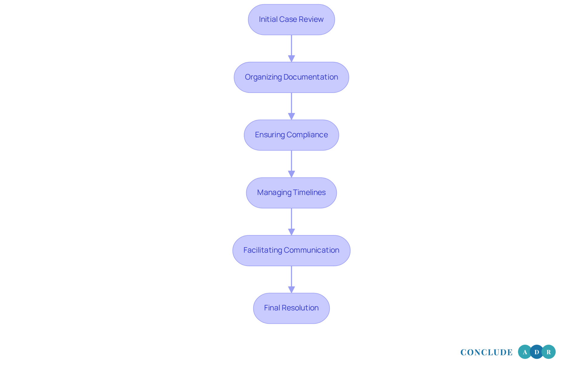 Each box represents a step in the case management process — follow the arrows to see how Case Managers move through their responsibilities to ensure a smooth arbitration experience.