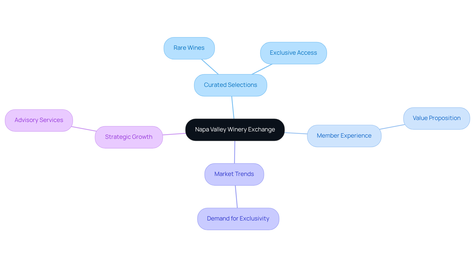 Start at the center with the Napa Valley Winery Exchange, and from there, explore various branches that represent key aspects of their offerings and market strategies. Each branch leads to specific topics that elaborate on how the exchange creates value and engages connoisseurs.